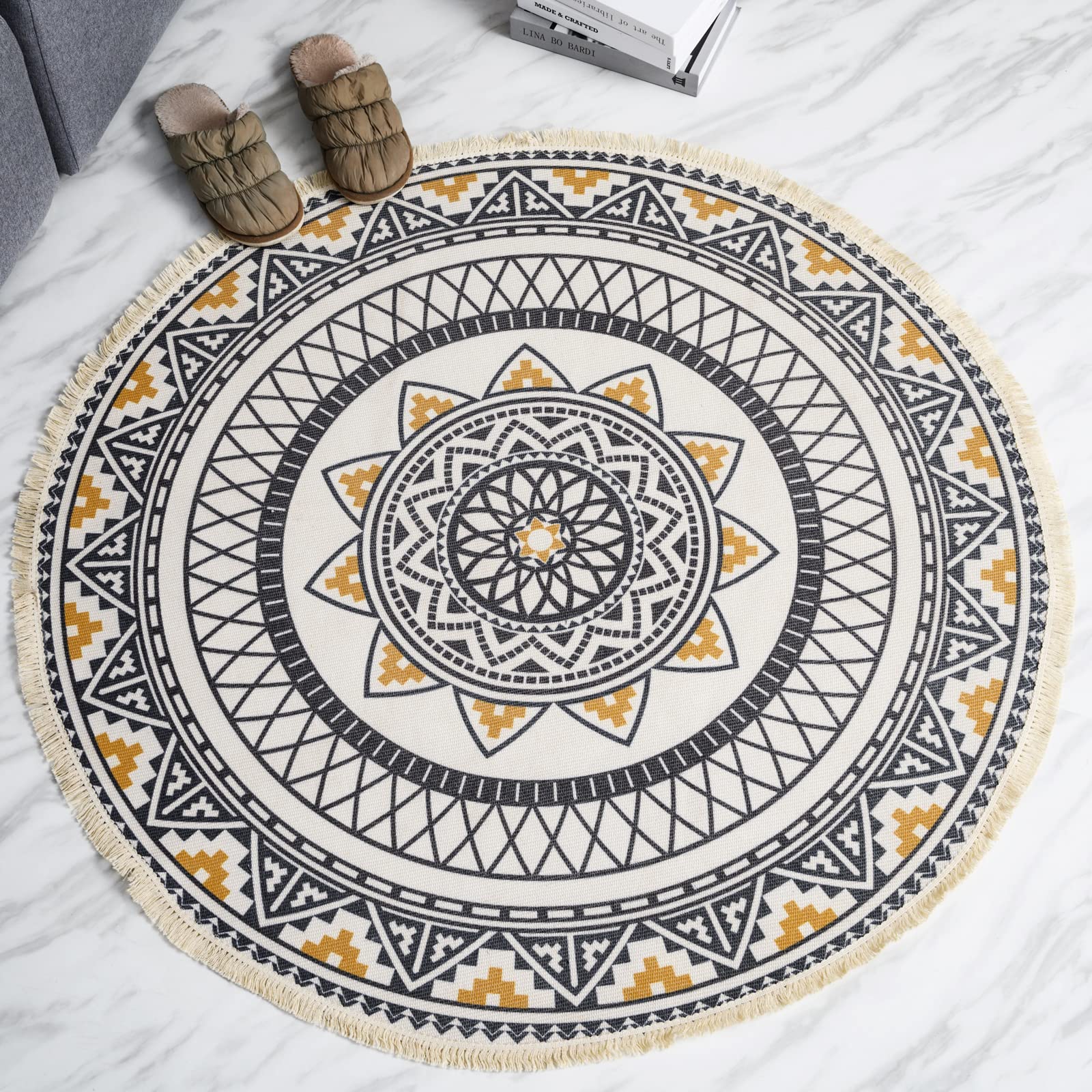 Miiciuib Boho Round Floor Mat, Bohemian Mandala Tassels Decor Rug Woven ...