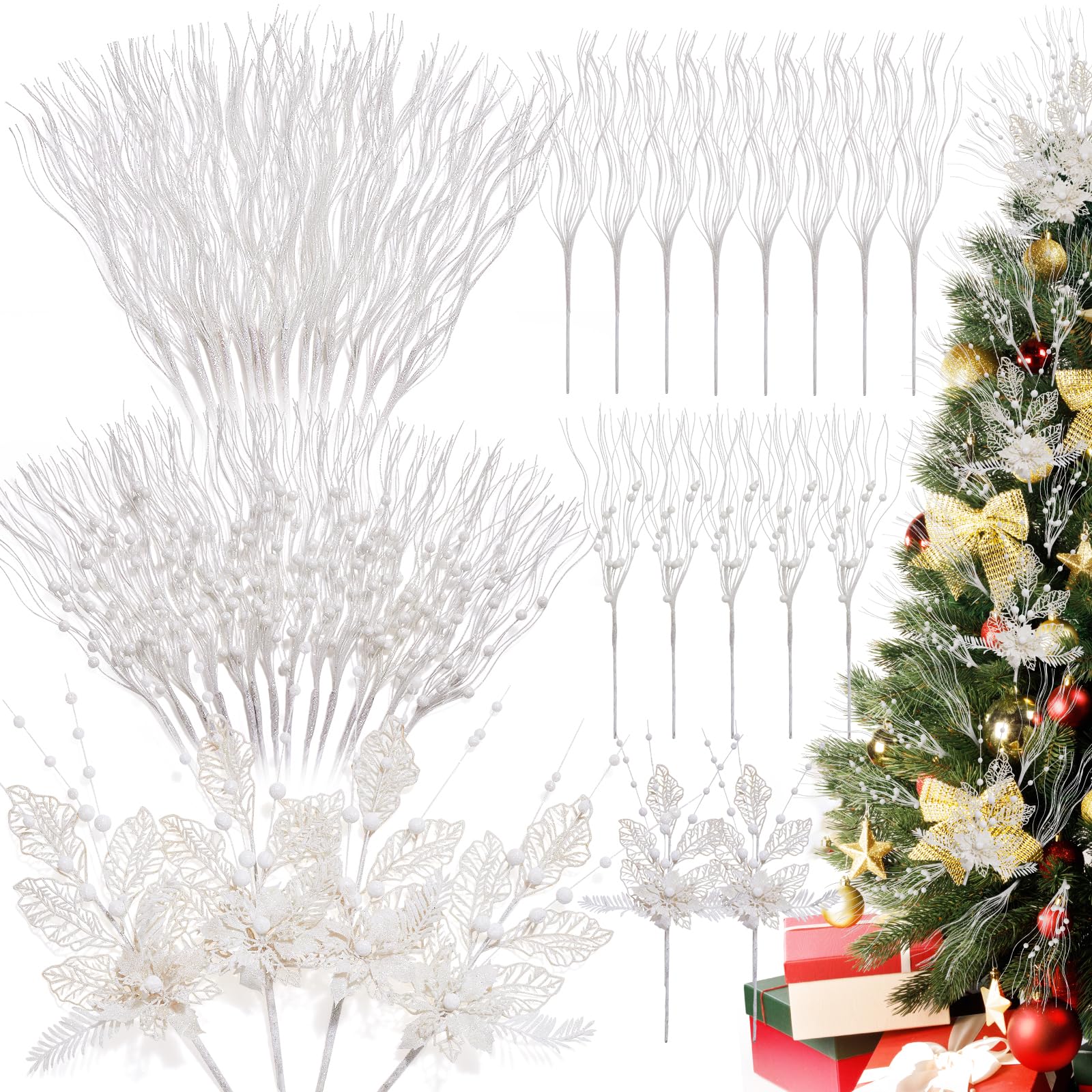 Serwalin 32 PCS Christmas Tree Picks Filler,Artificial Glitter Berry ...