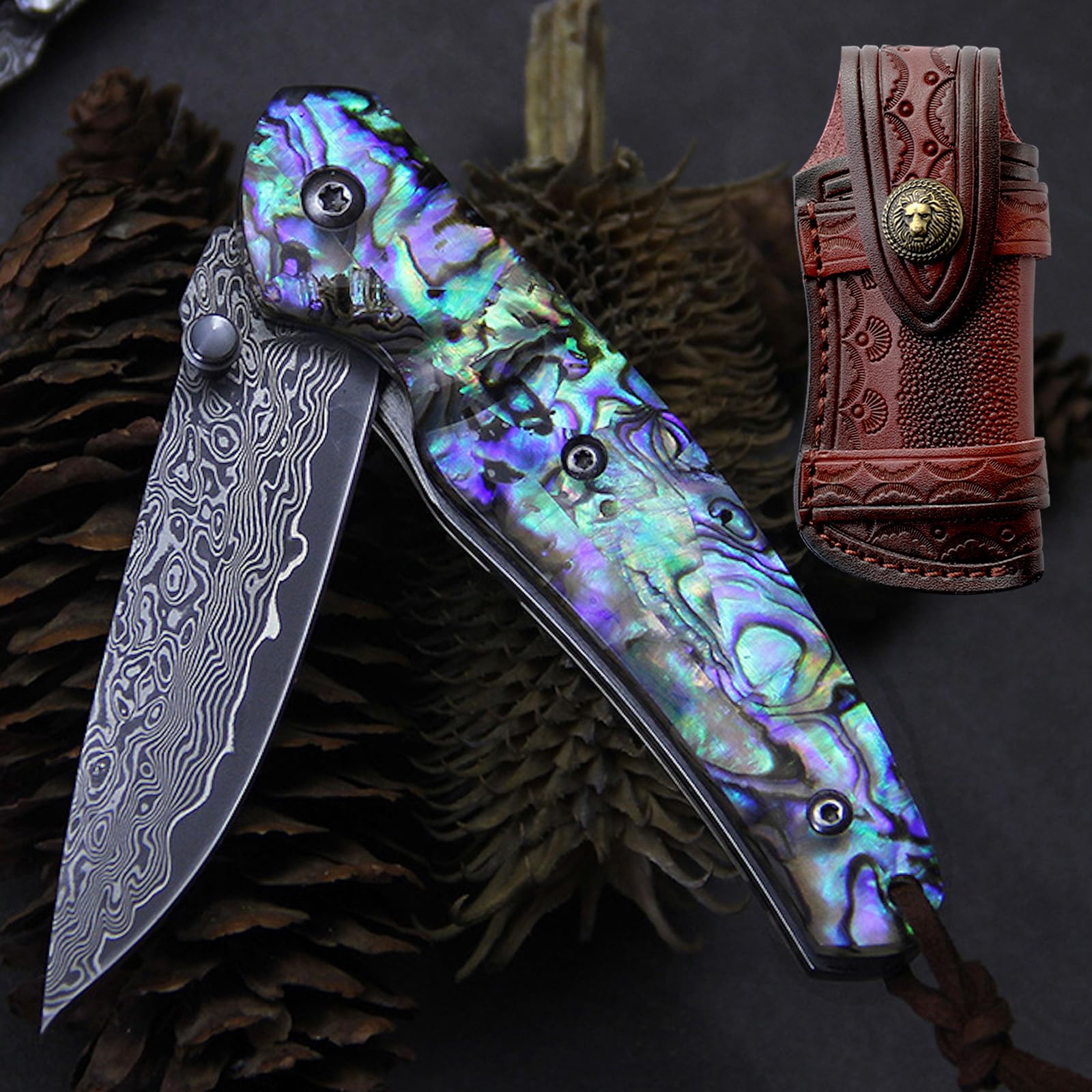 Omesio Damascus Pocket Knife with Leather Sheath Damascus Folding Knife ...