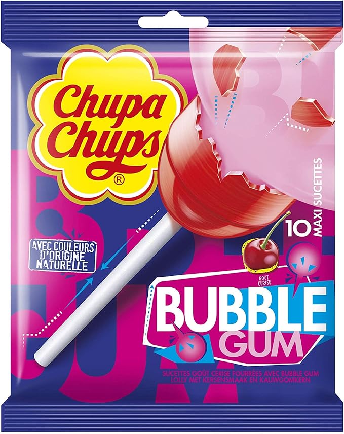 Chupa Chups Sachet De 10 Sucettes goût Cerise Fourrées Bubble Gum ...