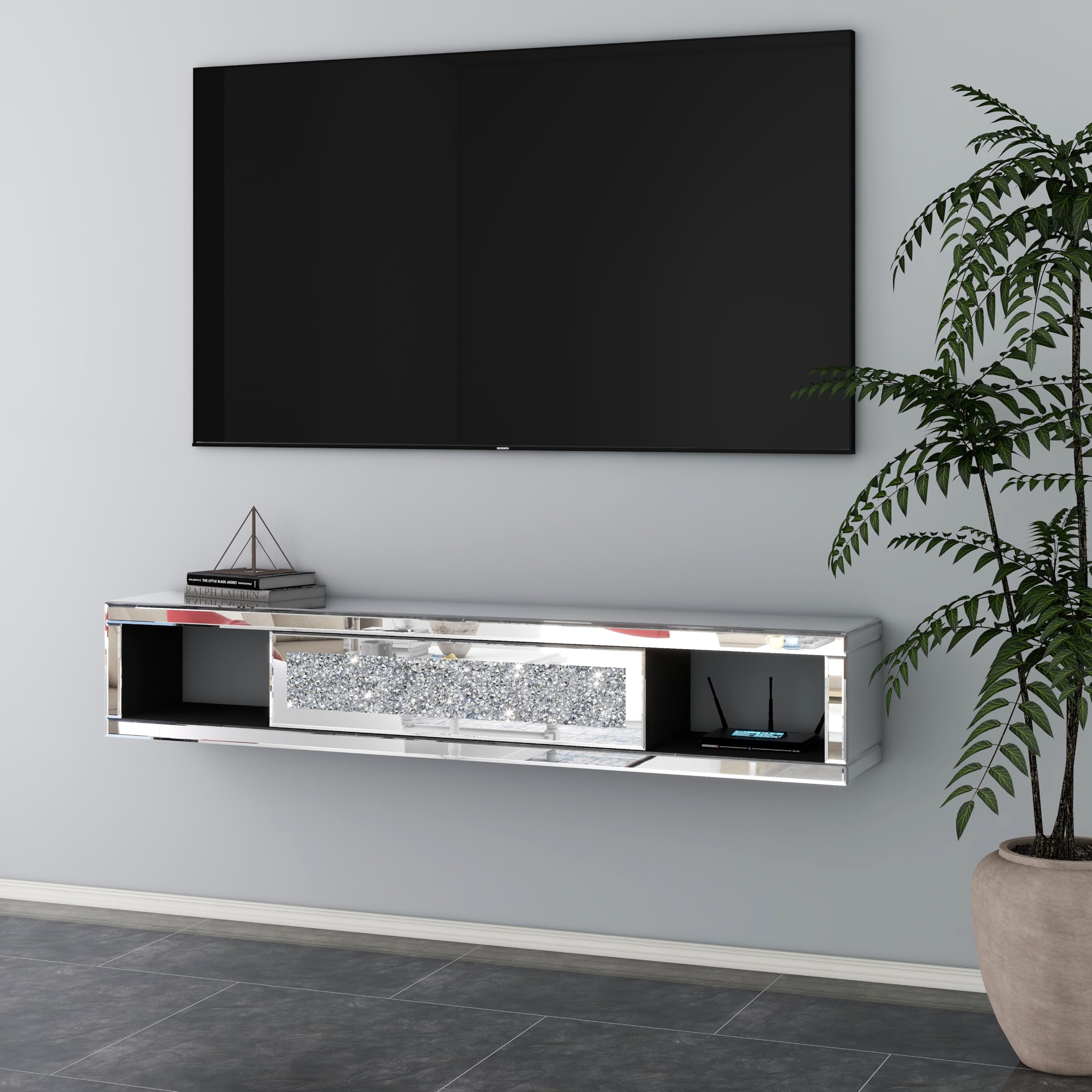 blingworld Mirrored Floating TV Stand, 47 1/2" Wall Mounted Floating TV ...