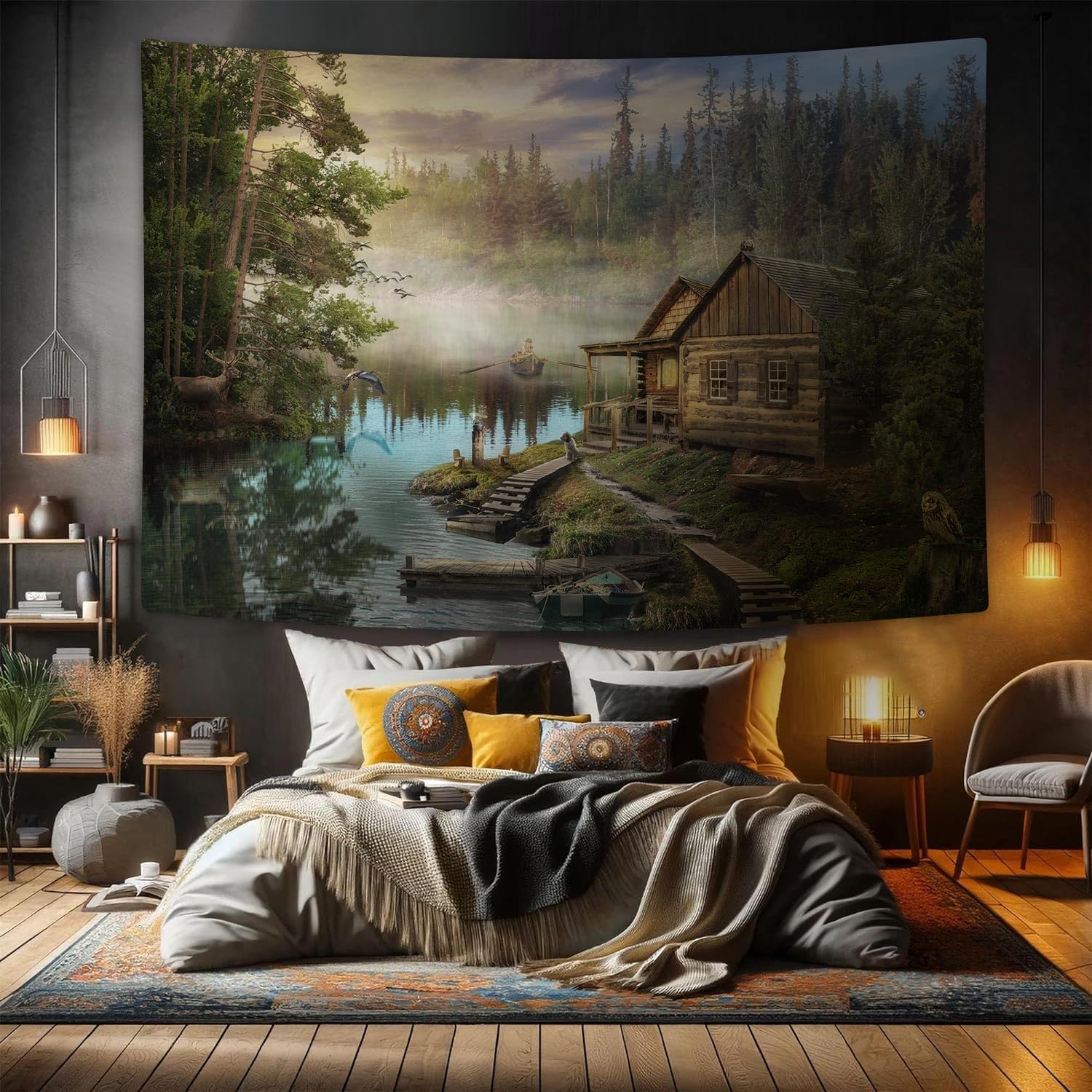 NYMB Forest Tapestry, Natural Scenery Lake Country House Lodge Wall ...