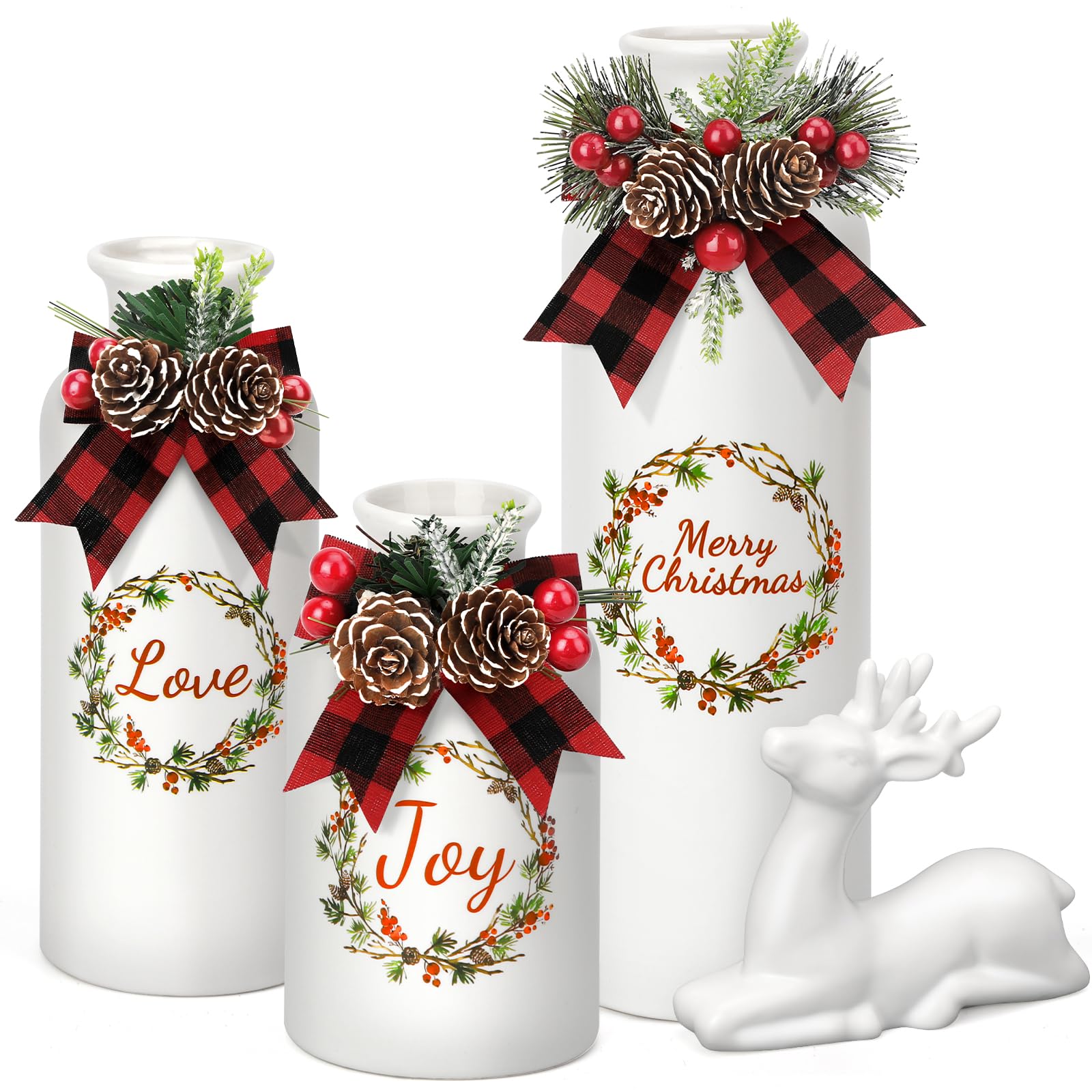 Set of 4 Artificial Christmas Vase and Elk with Mixed Christmas Decor ...