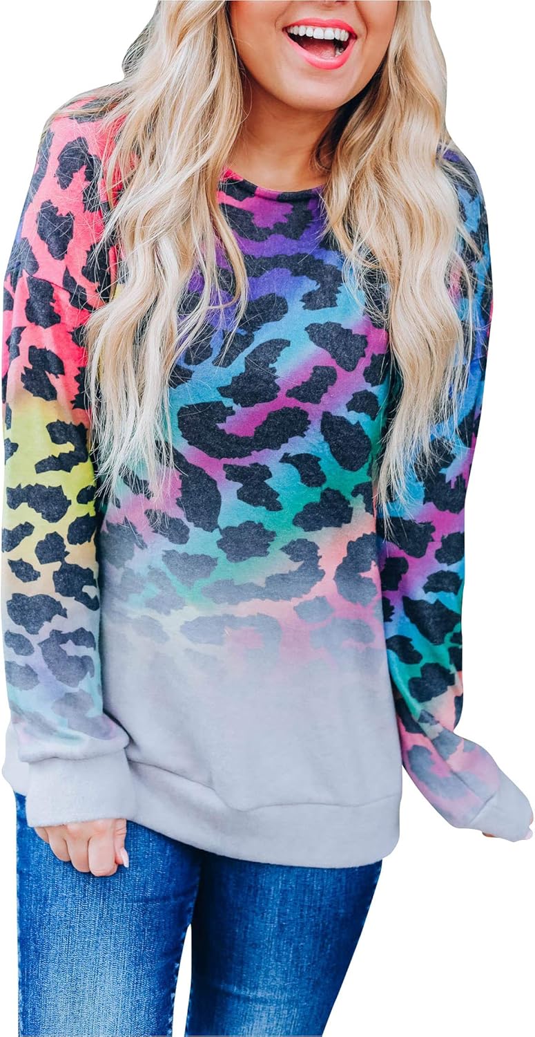 Women Rainbow Cheetah Leopard Print Long Sleeve T-Shirts Casual Tie Dye ...