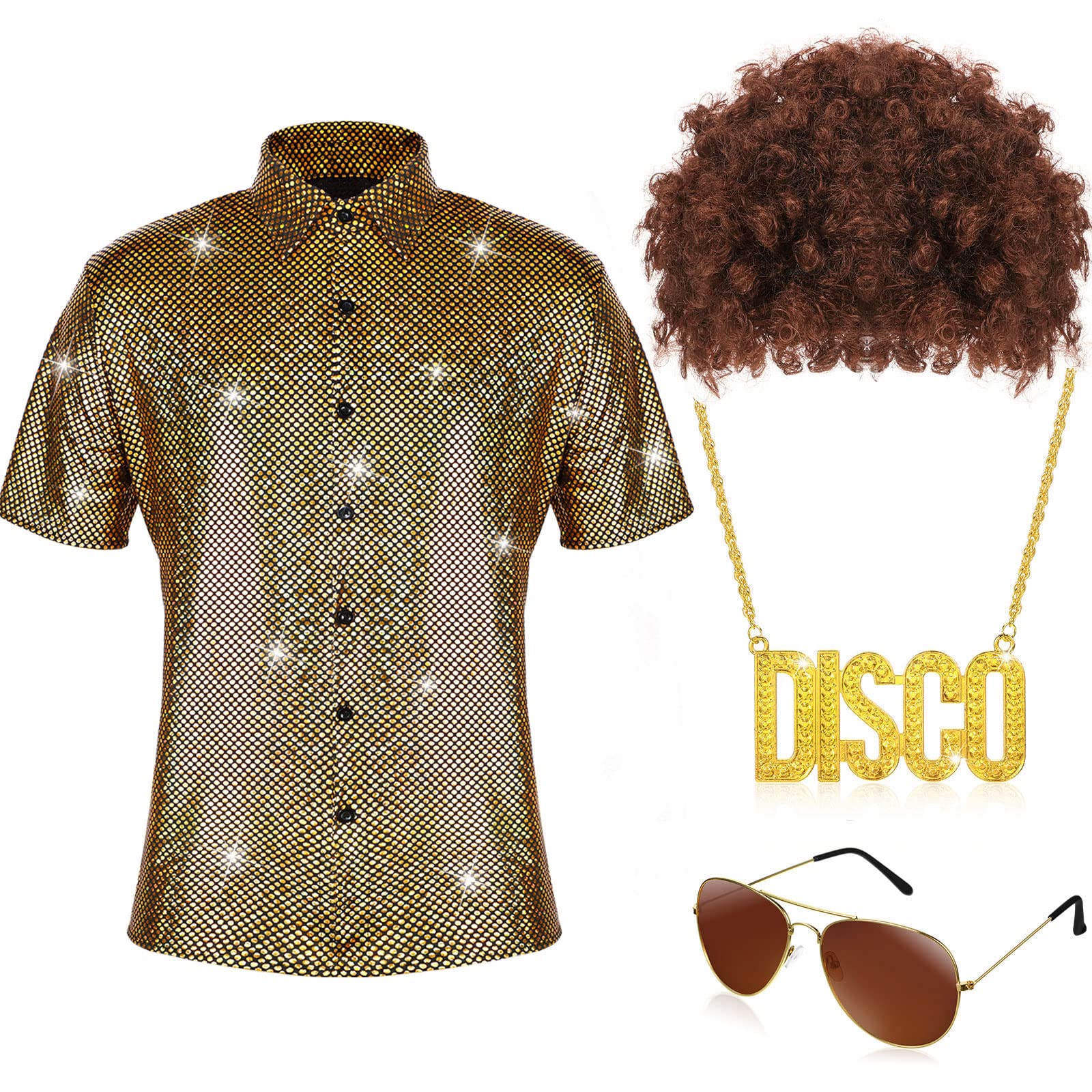 4 Pcs Men's 70s Disco Costume 70s Hippie Costume Including Sequins Short Sleeve Shiny Shirts ...