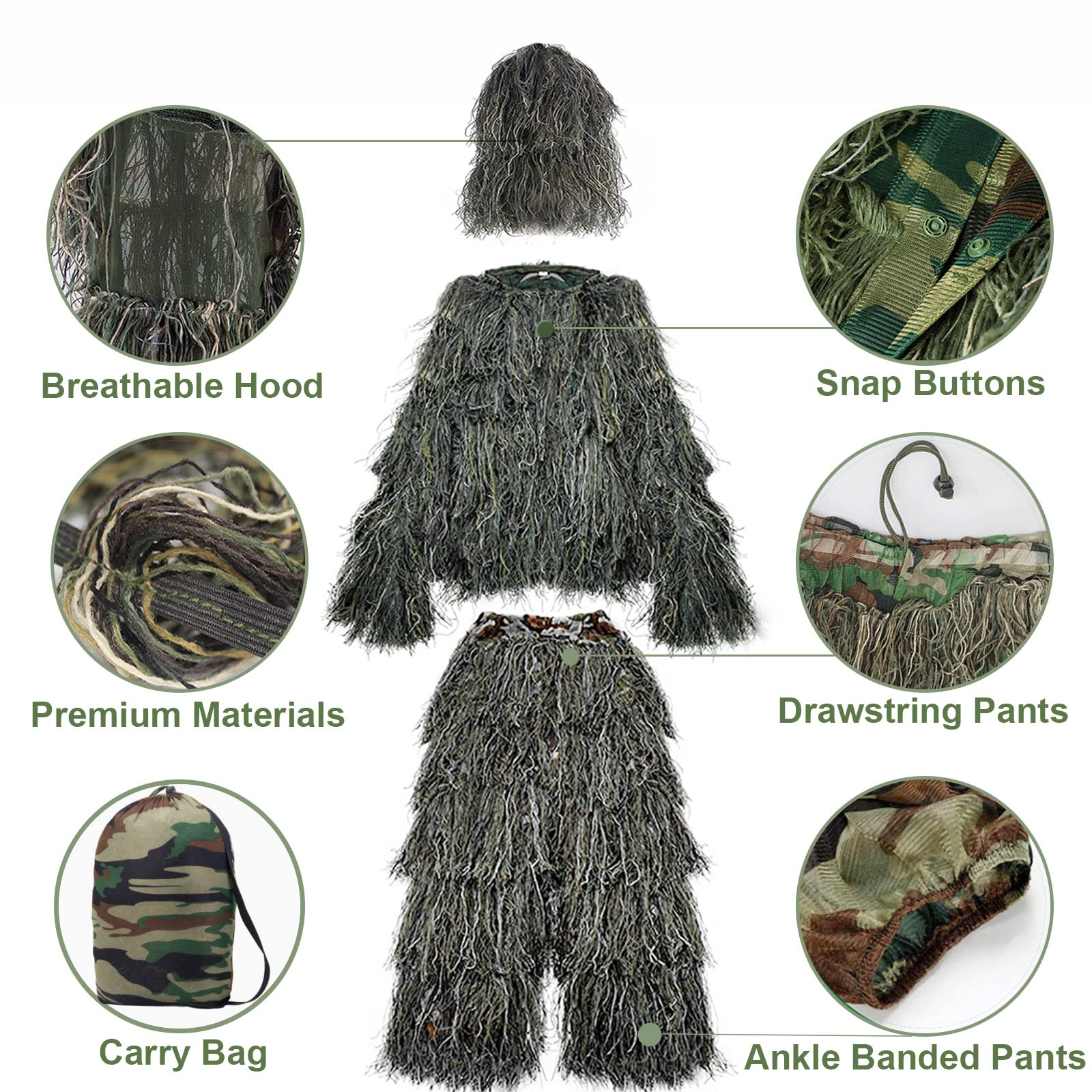 LATOLIN Ghillie Suit 5 In 1, 3D Camouflage Hunting Suit Clothes ...