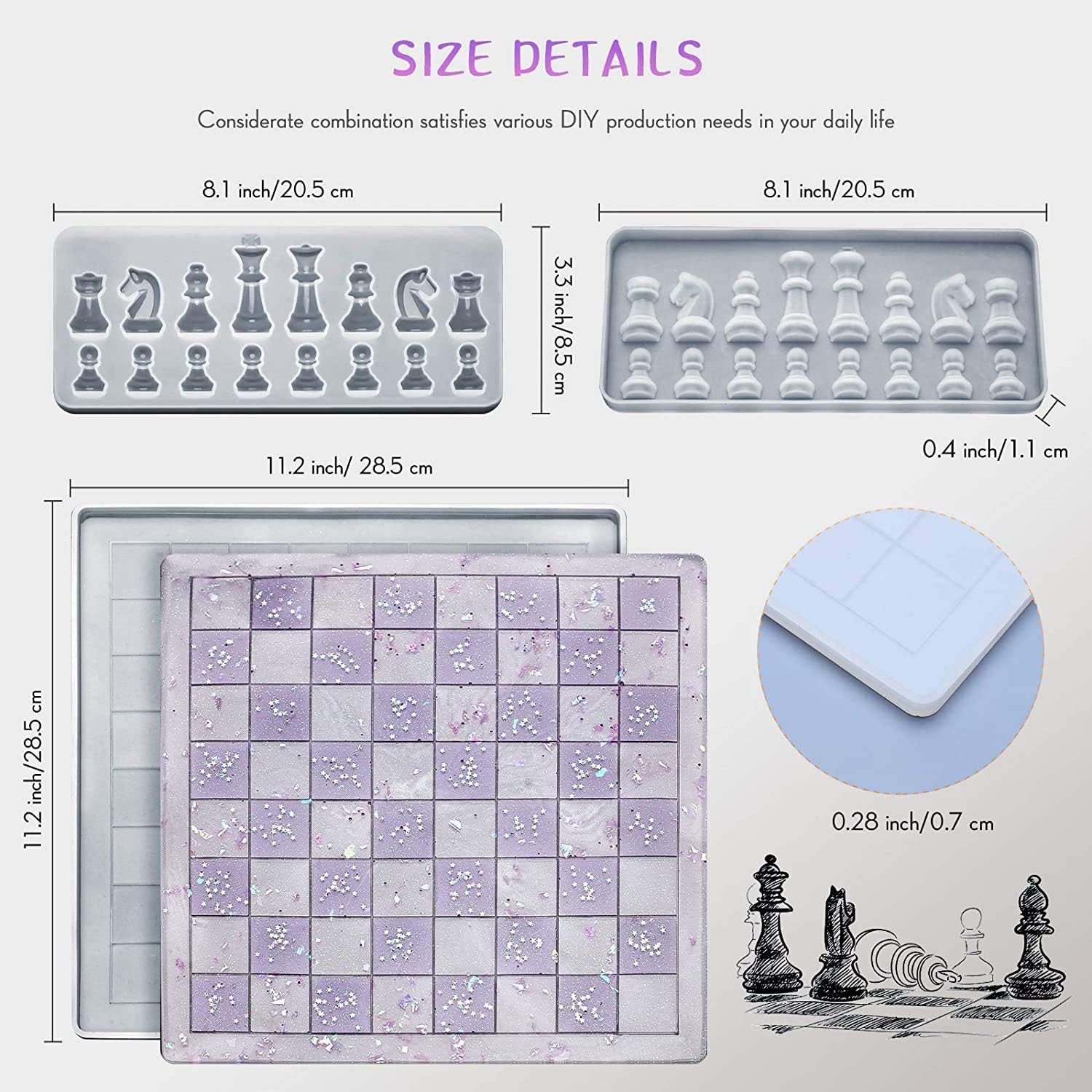 MIANRUII Chess Board Resin Mold Set, 2 Pieces 3D Chess Pieces Silicone ...