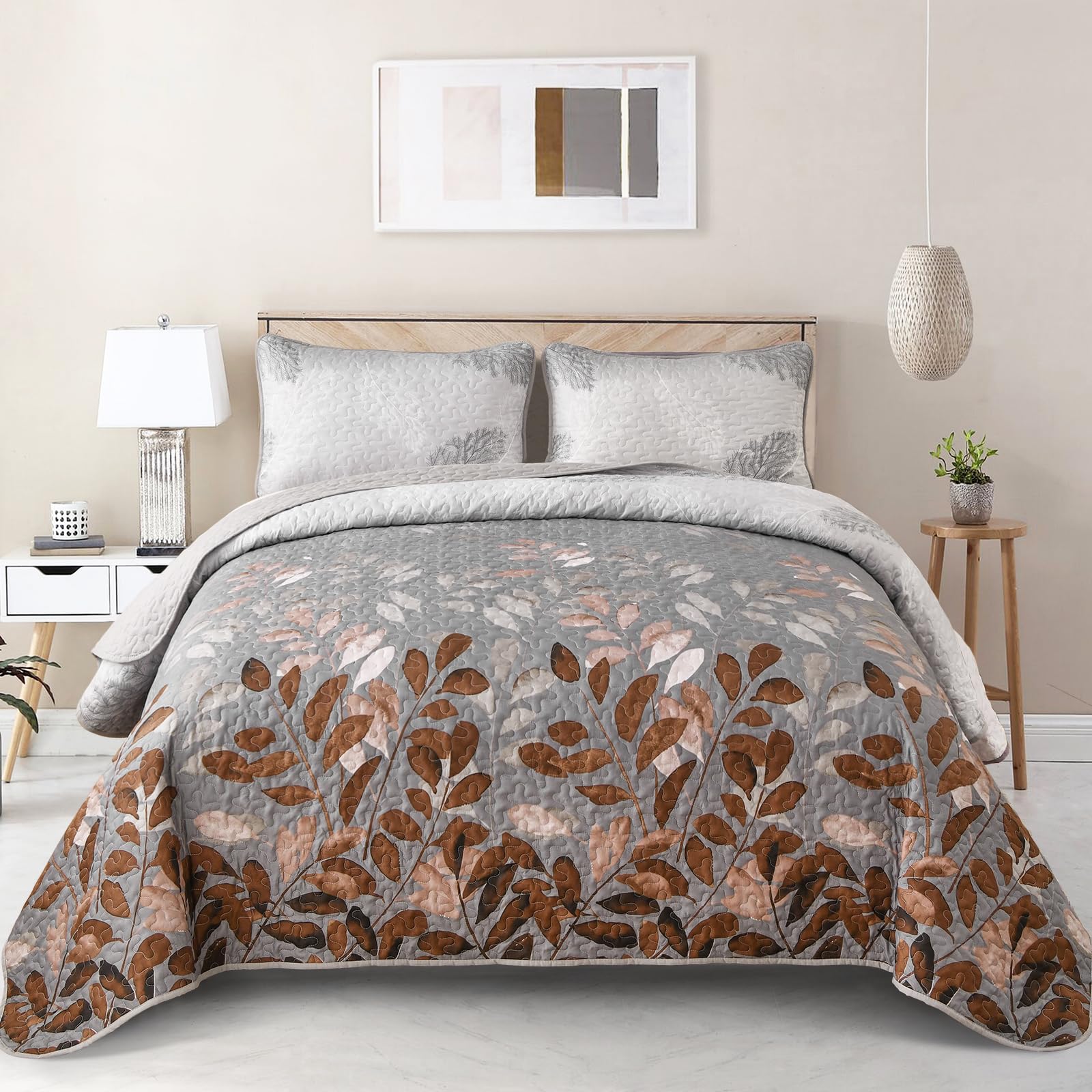 WONGS BEDDING Brown Floral Quilt Set King Size,3 Pieces Botancal Leaves ...