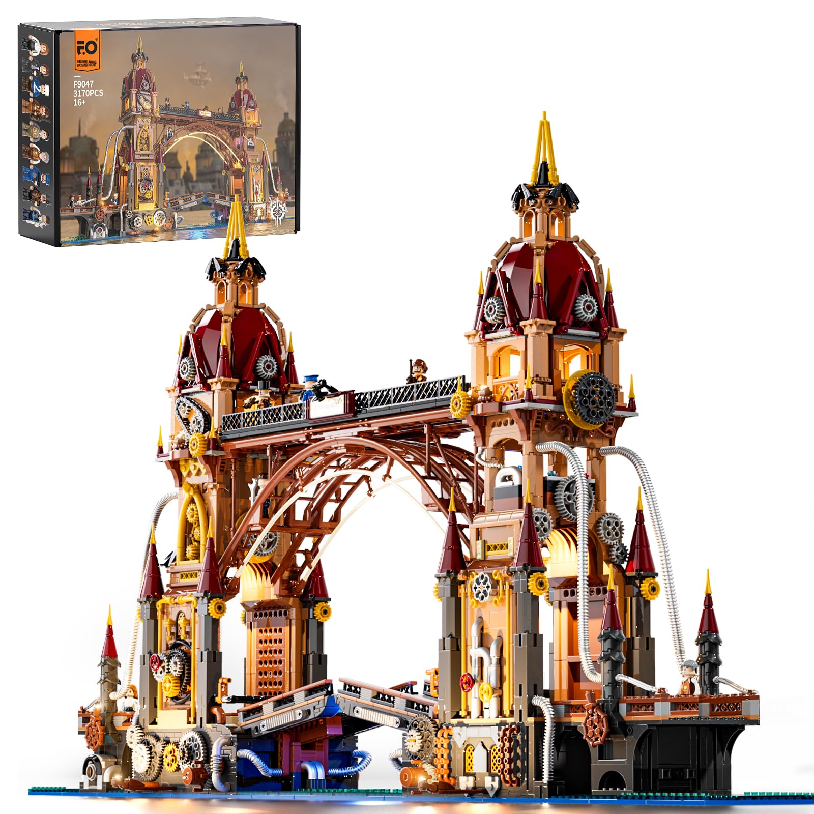 FUNWHOLE Steampunk City Bridge Lighting Building-Bricks Set - 3170 Pcs Tower and Movable Bridge ...