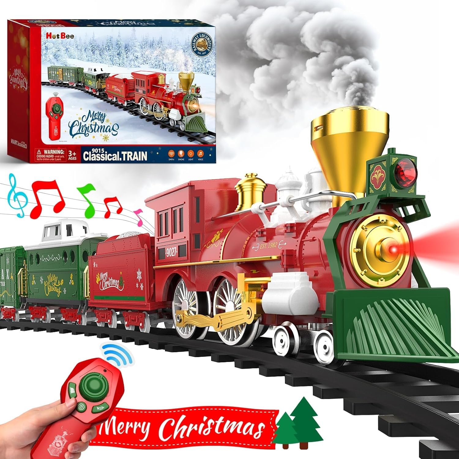 Hot Bee Christmas Train Set with Remote Control Train Toys w/Smoke ...