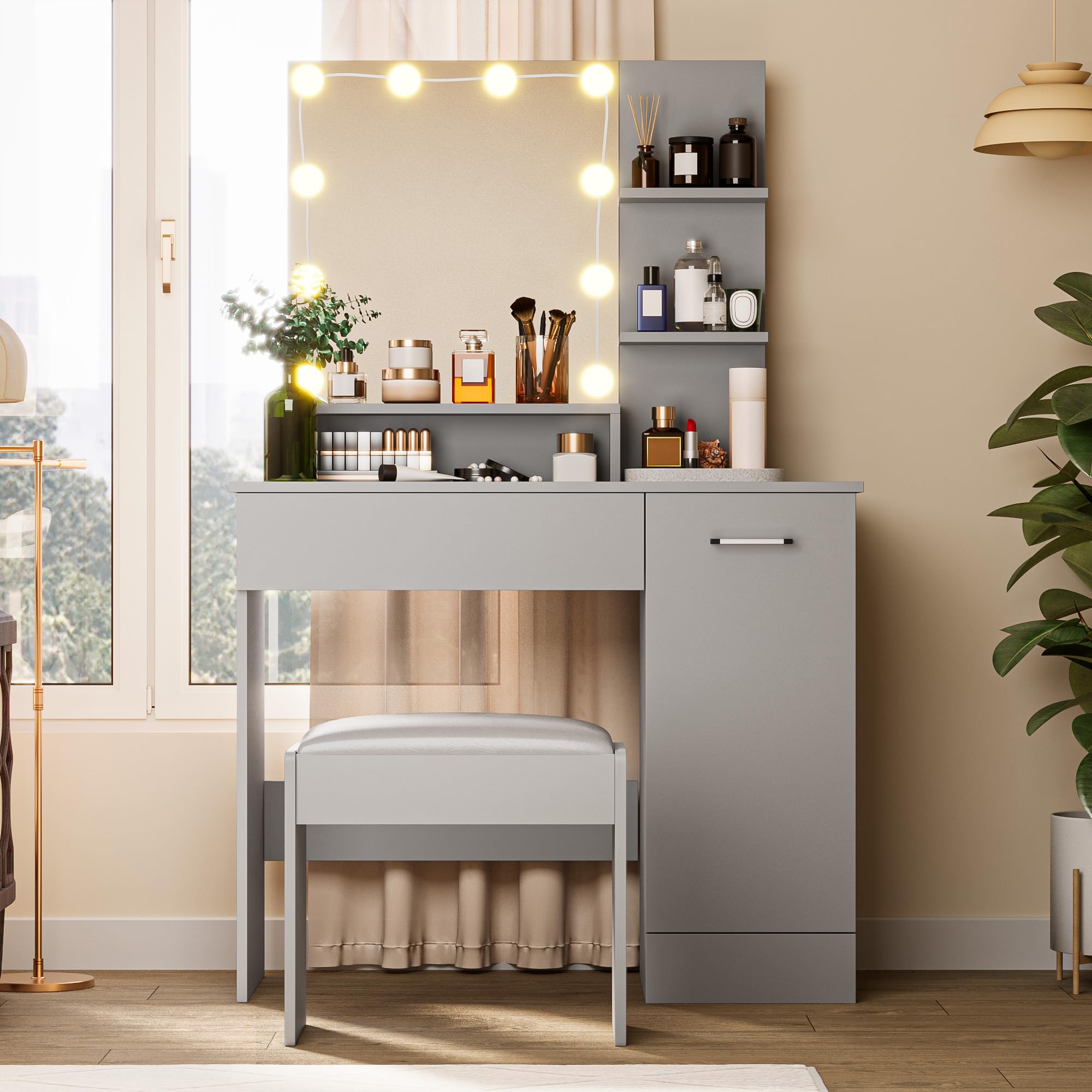 Mua Grey Vanity Table with DIY Lighted Mirror, Makeup Vanity Table Set ...