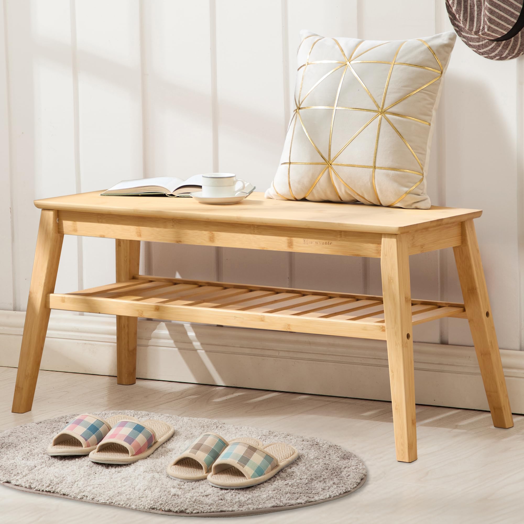 Nnewvante 33.46" Bamboo Entryway Bench, 2 Tier Indoor Storage Bench ...