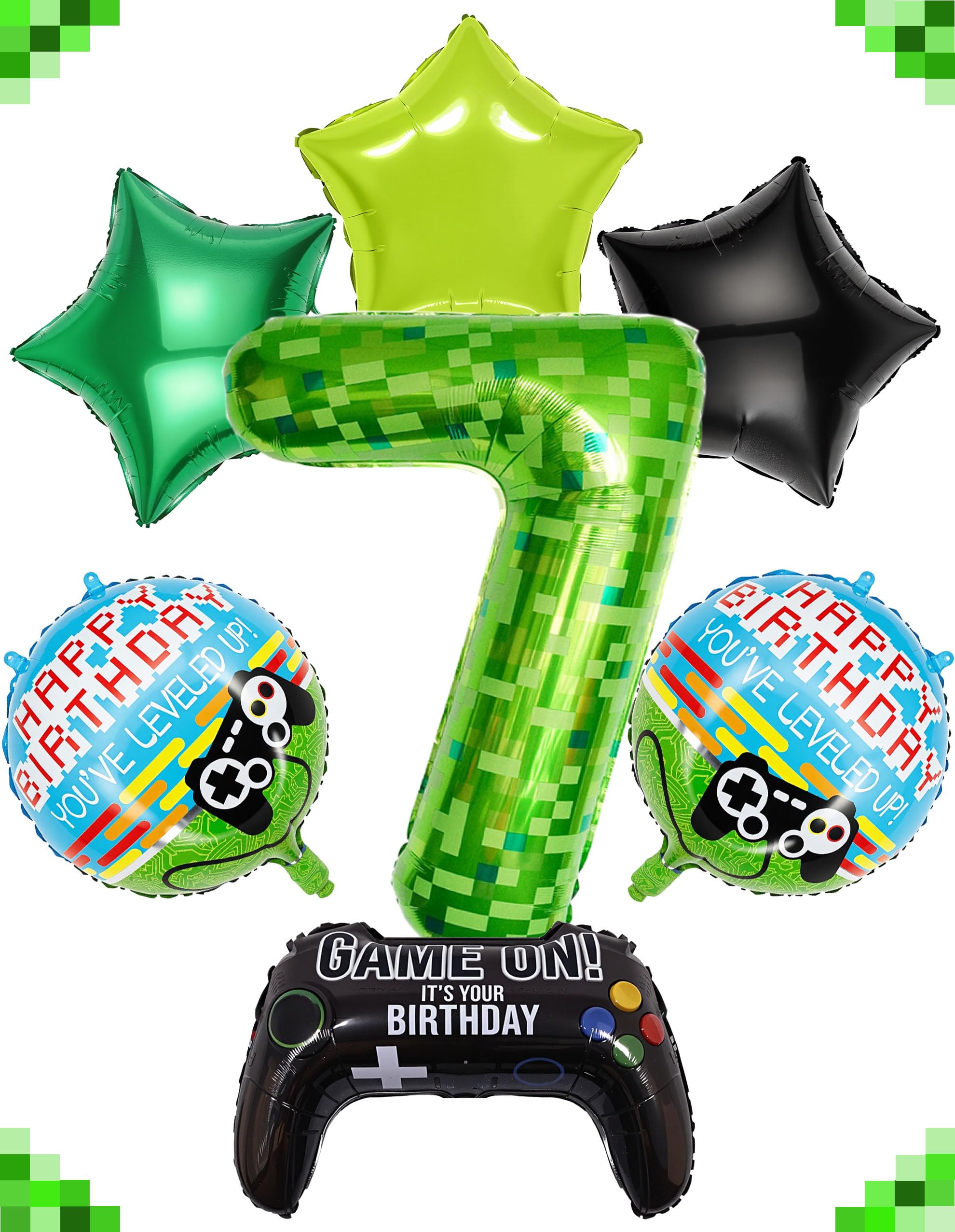 40 Inch Green Pixel Miner Number 7 Balloon Set, 7Pcs Large MIning Foil ...