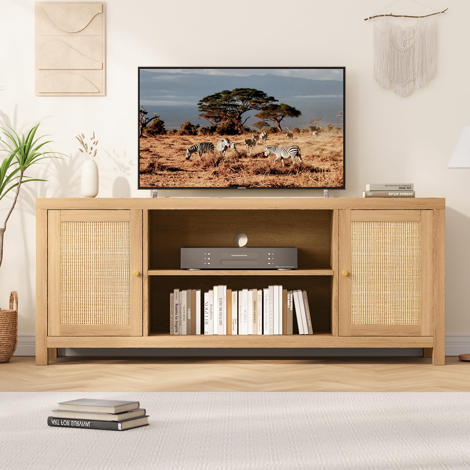 Jocoevol Rattan TV Stand for 70 inch, Boho Entertainment Center with ...