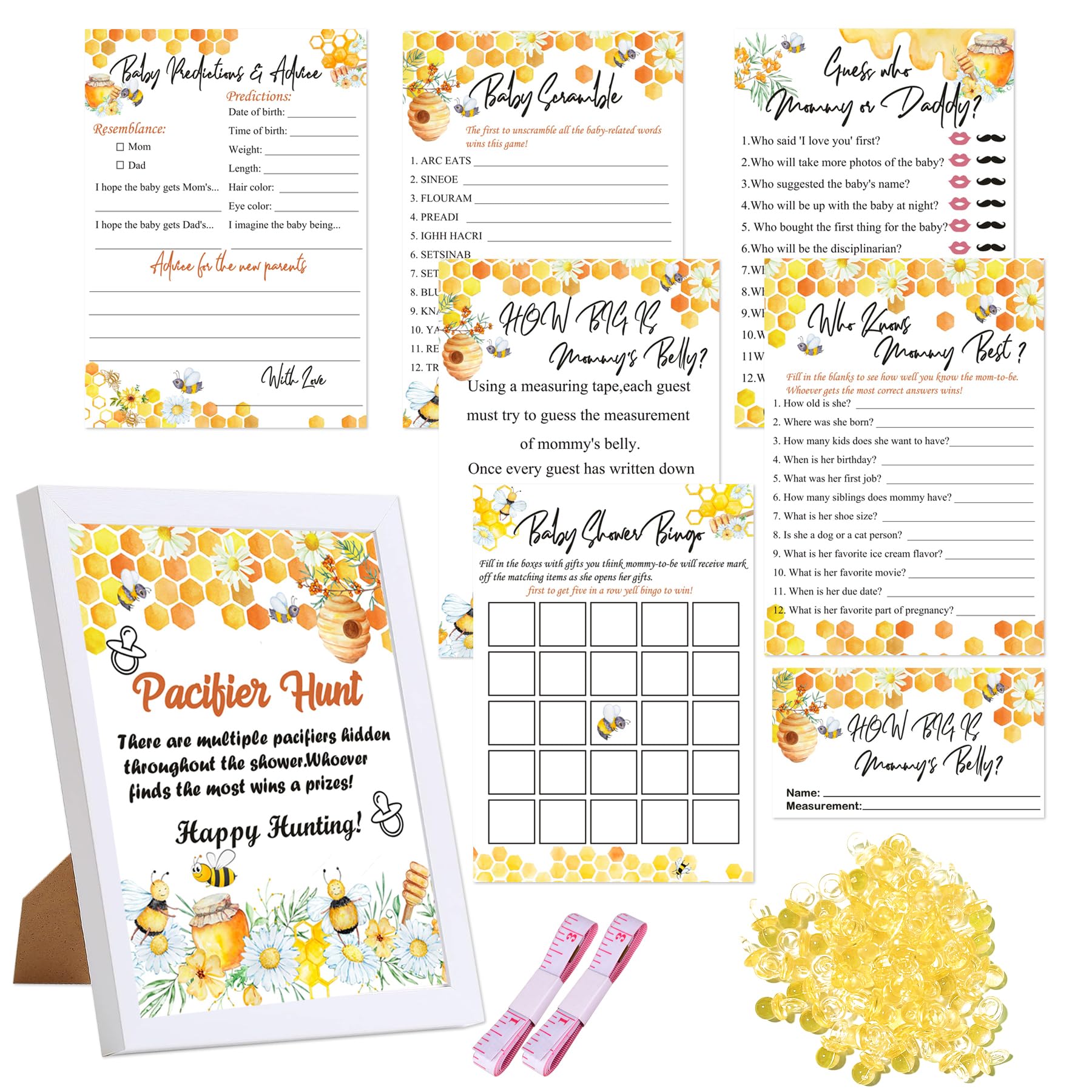 Bee Baby Shower Games Set of 7 Games for 50 Guests,Includes Pacifier ...