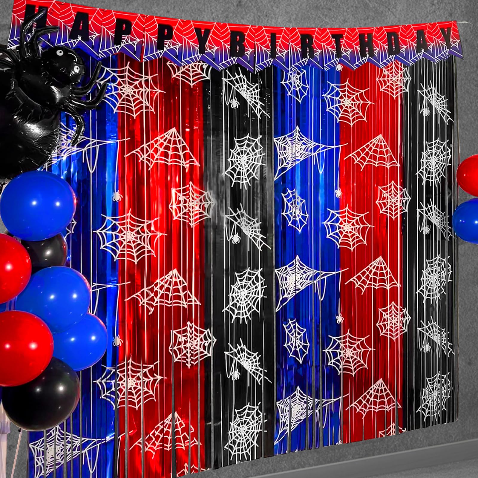Spider Web Birthday Decorations, 3 Pack Foil Fringe Curtains With Happy ...