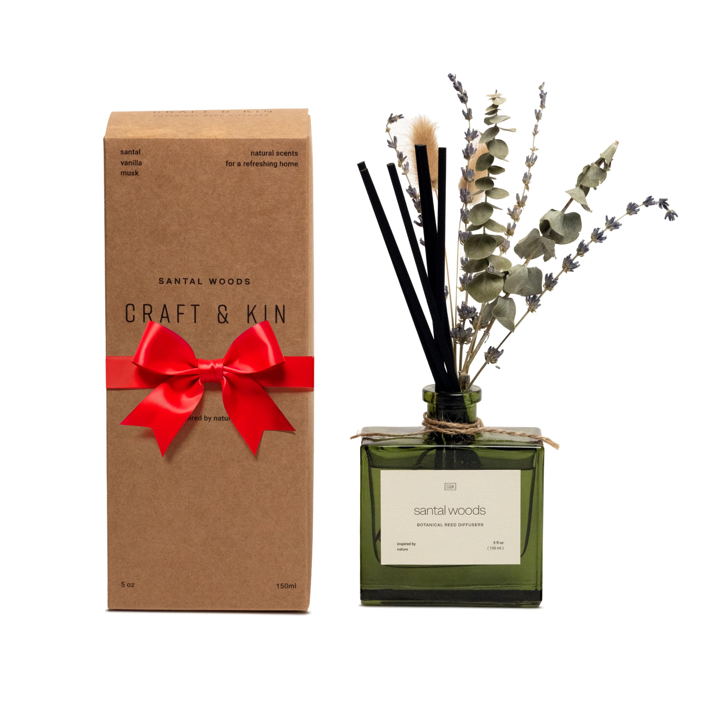 Craft & Kin Reed Diffuser Set with Dried Flowers, 5 oz Santal Woods ...