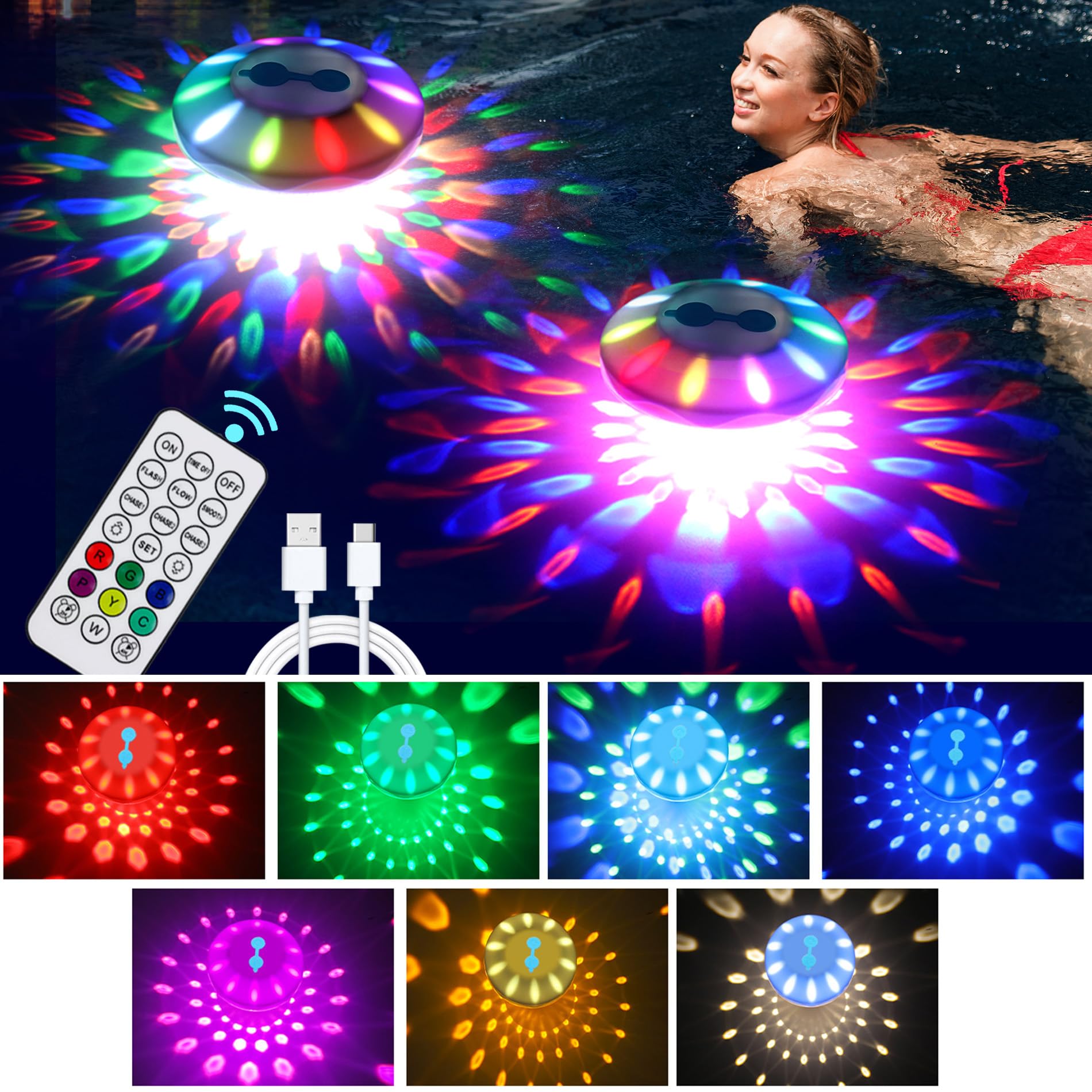 Rechargeable Floating Pool Lights (4 Pack) - Vibrant RGB Colors, IP68 ...