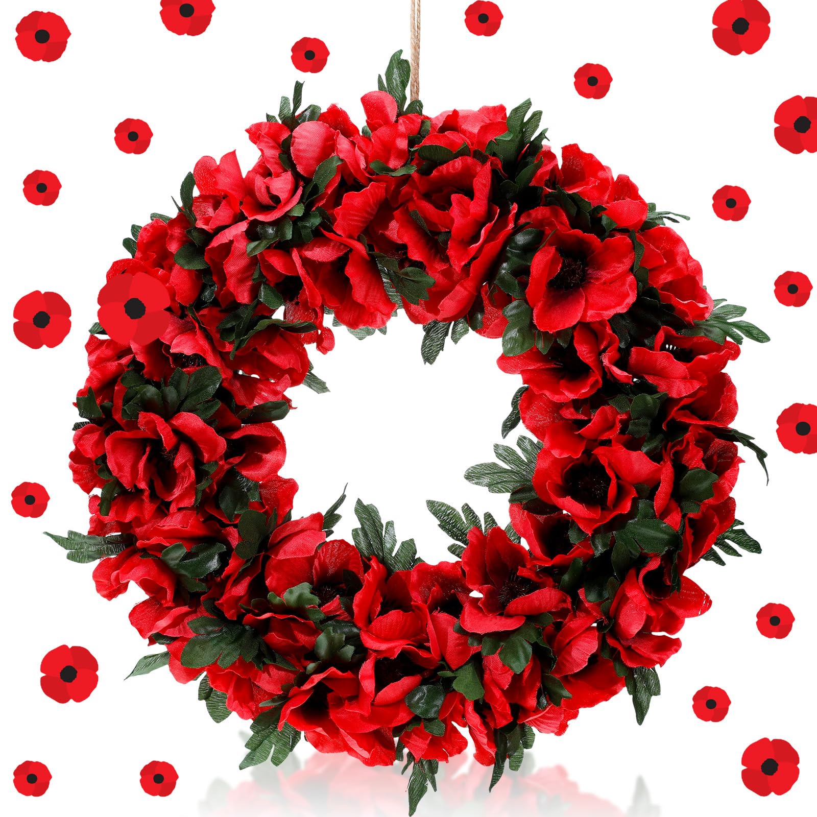 Dingion Memorial Day Poppy Wreath 12.6'' Artificial Spring Summer ...