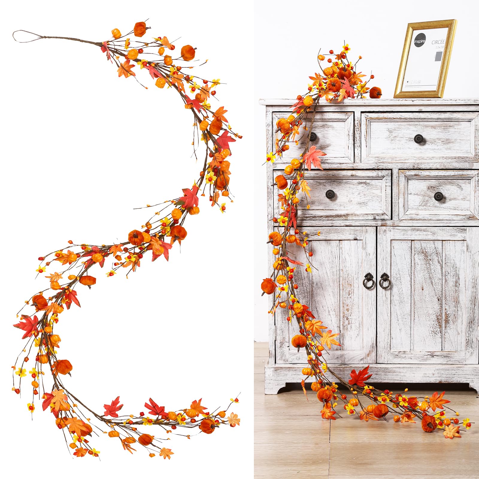 RoseCraft Fall Garland Decor, 6Ft Artificial Berries Pumpkin Maple Leaf ...