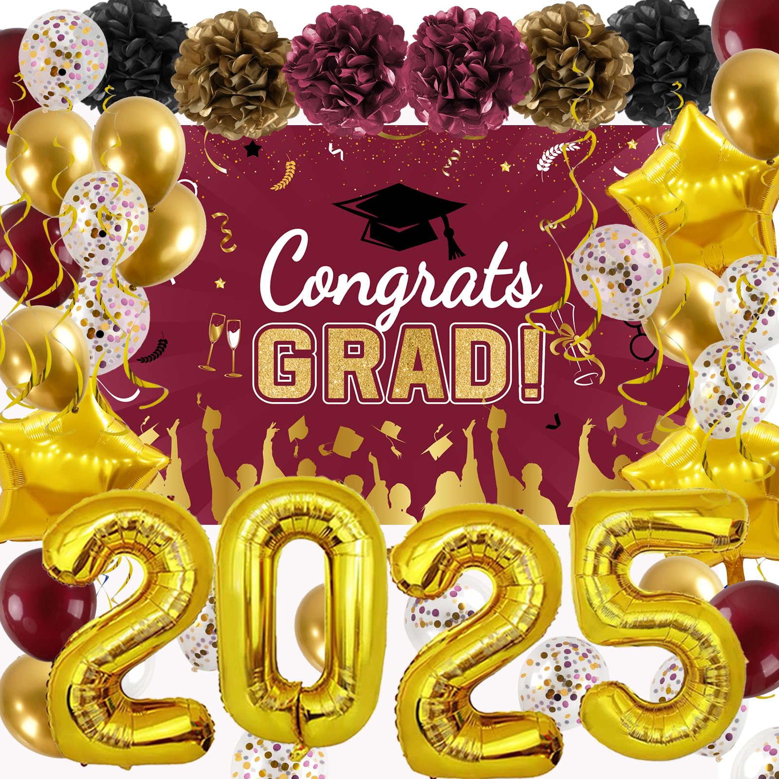 Graduation Decorations Class of 2025, Maroon Gold Graduation Decor Set ...