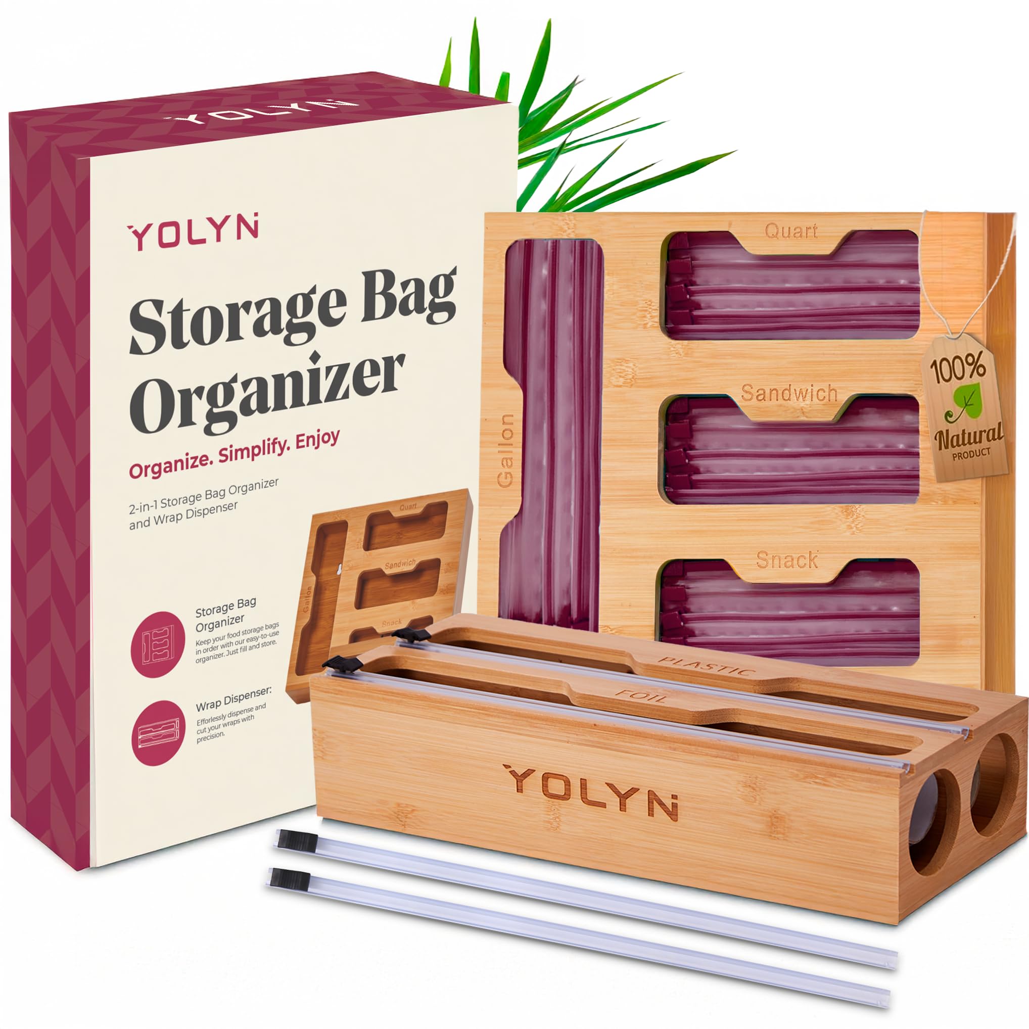 YOLYN Bamboo Kitchen Storage Bag Organizer, Drawer Organizer with Foil ...