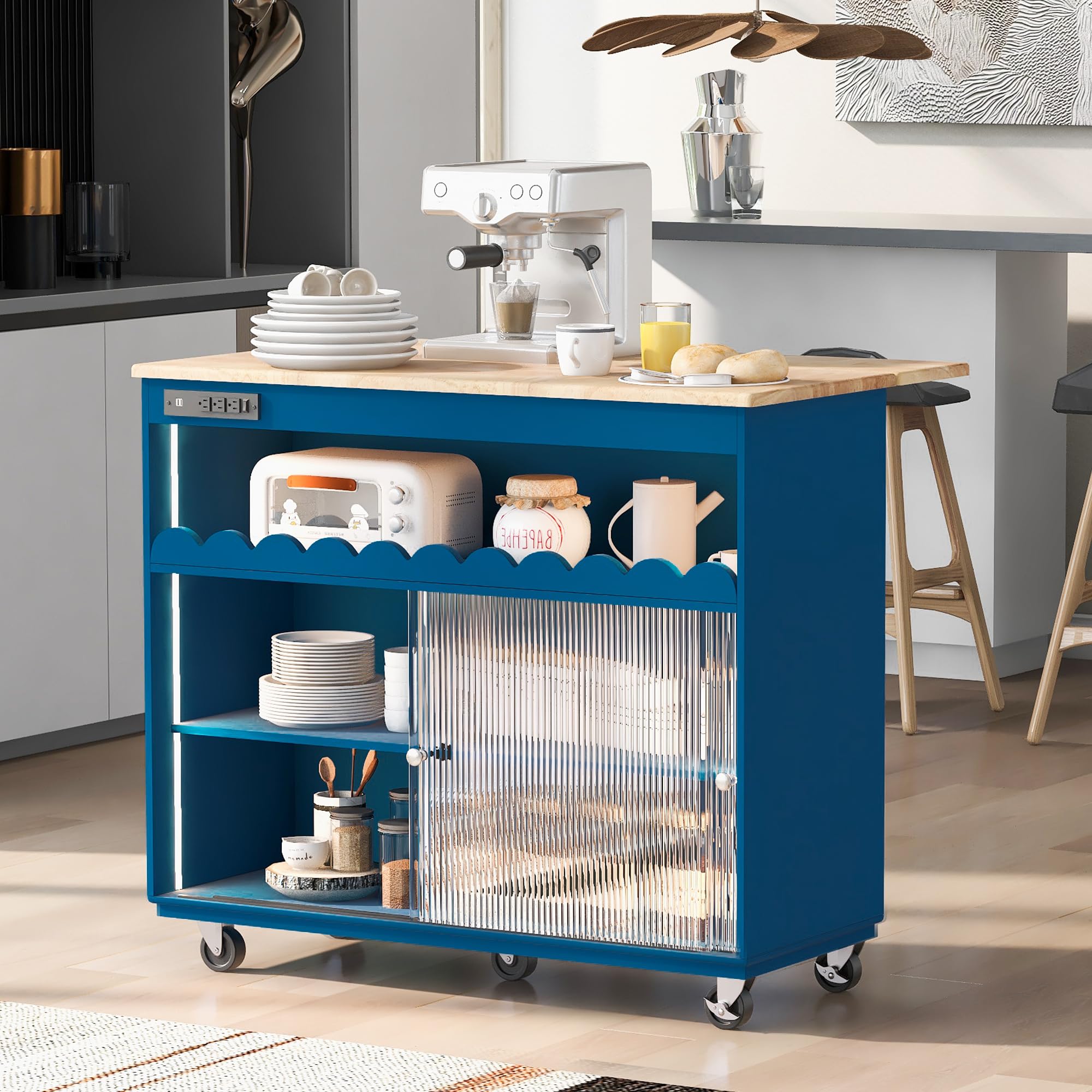 SPOFLYINN 2 Cabinet and 1 Open Shelf Navy Blue Kitchen Island with Drop ...