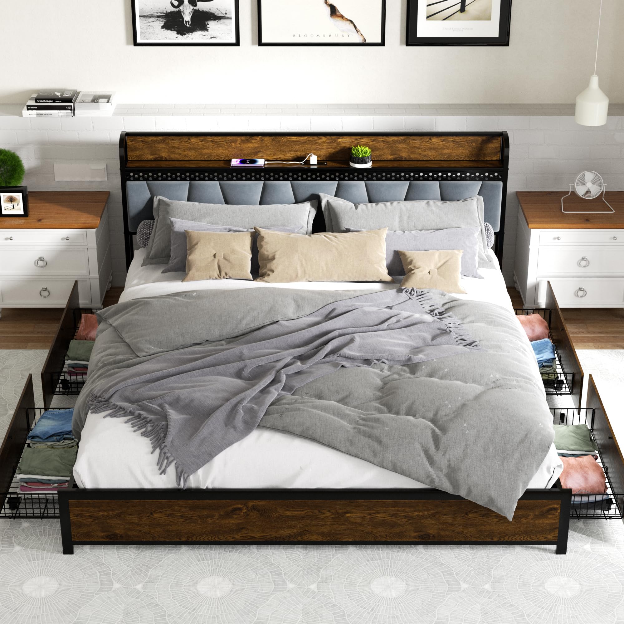 CXVX King Size Bed Frame with Storage Headboard, Metal Platform Bed ...