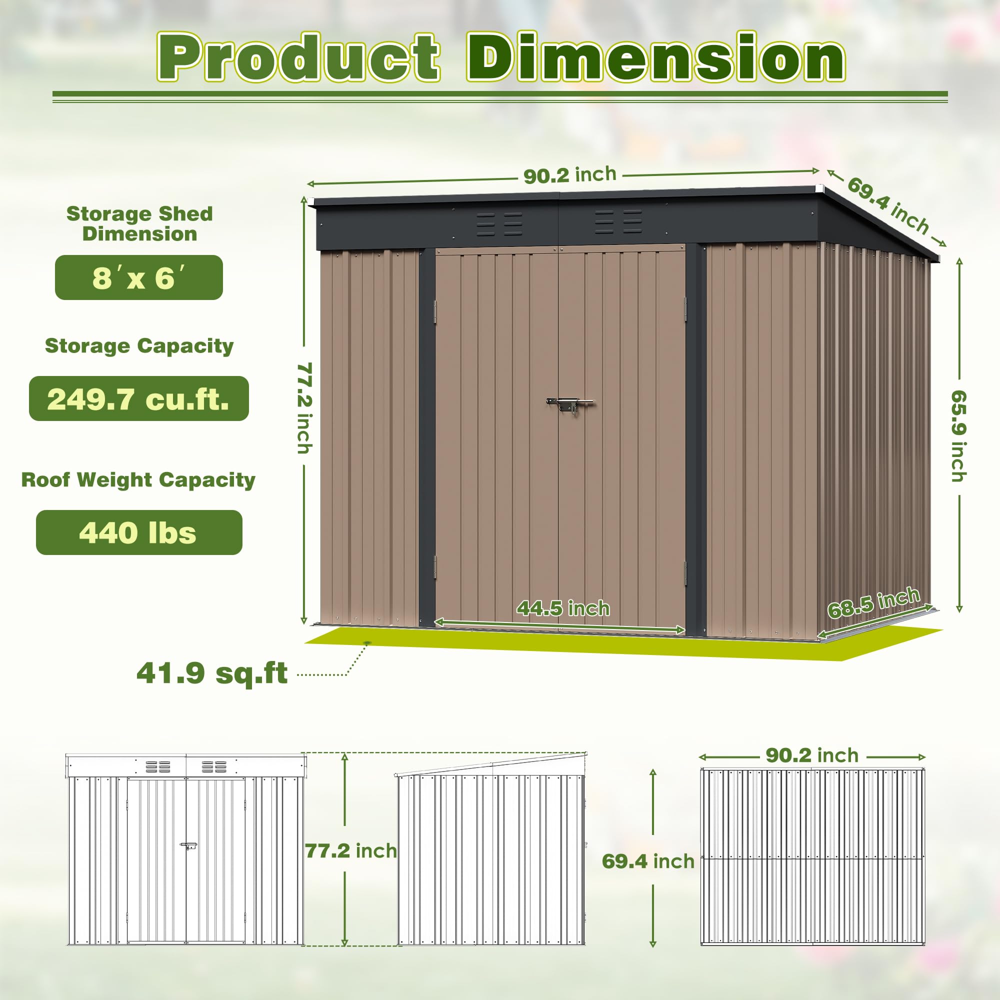 Greesum Outdoor Storage Shed 8FT X 6FT, Steel Utility Tool Shed Storage ...