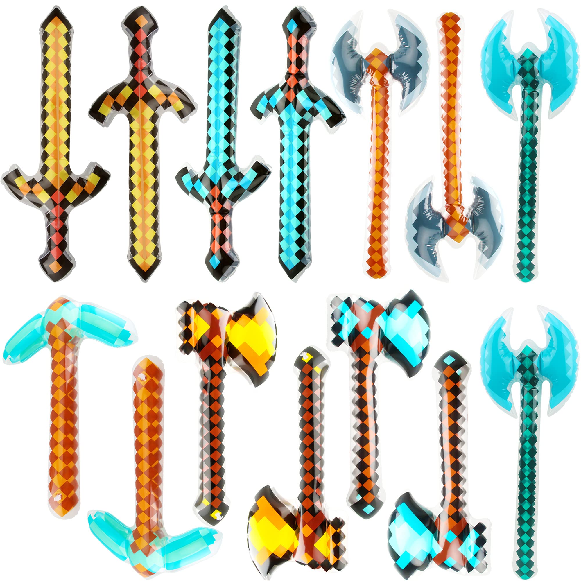 Cagemoga 14 Pcs Inflatable Pixel Axe Pickaxe Swords Jumbo Blow up ...