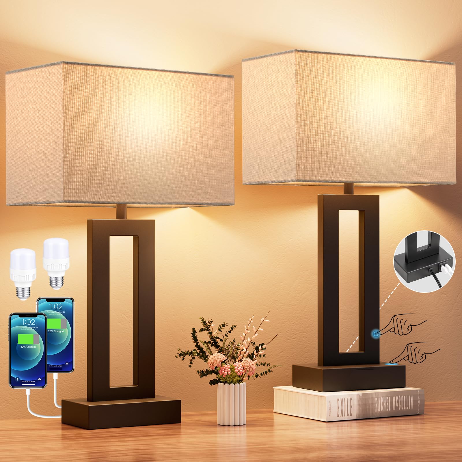 Nightstand Table Lamps for Bedrooms Set of 2 - Touch Bedside Lamp with ...