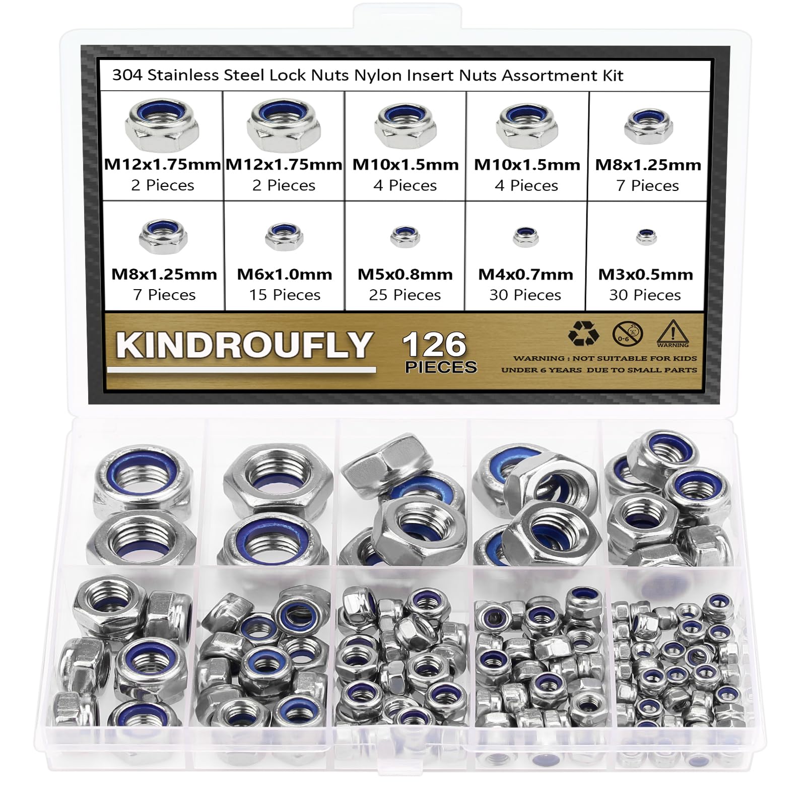Mua 126 Pieces 304 Stainless Steel Lock Nuts, Kindroufly 7 Sizes Metric Locknuts, Nylon Insert ...