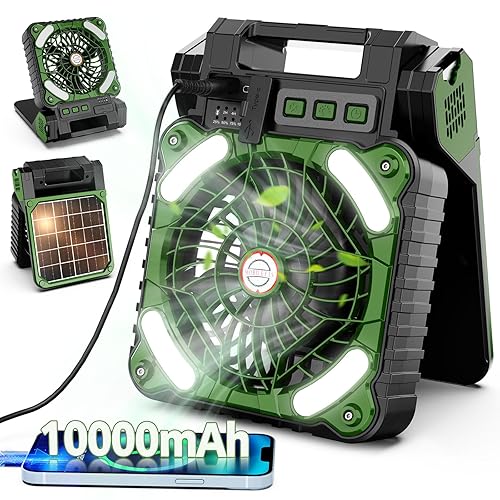 10000mAh Solar Powered Camping Fan with LED Lantern, 4 Speeds Powerful ...