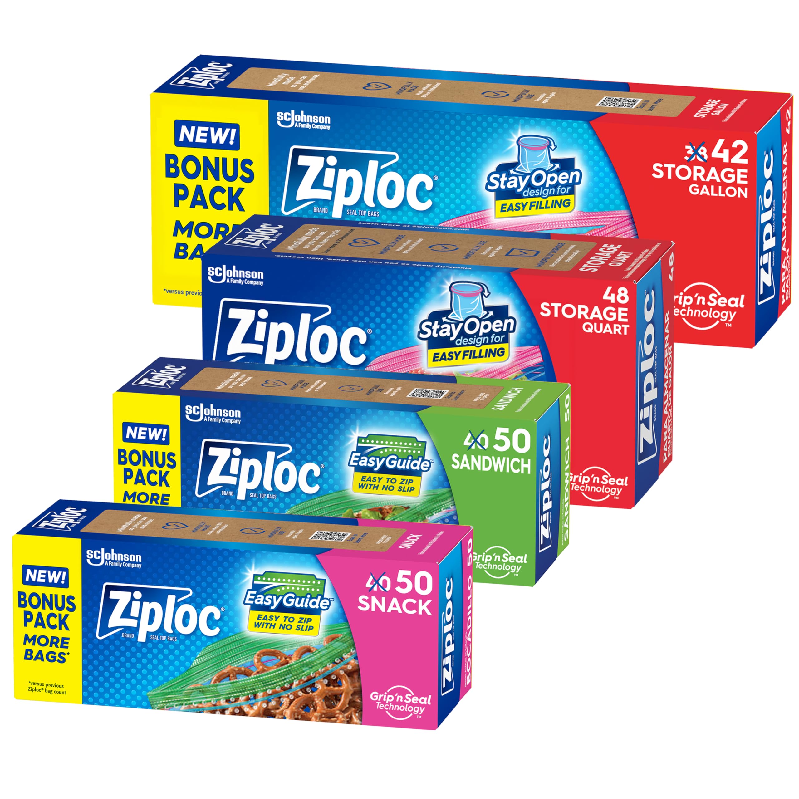 Ziploc Food Storage and Sandwich Bags Variety Pack, Stay Open Design ...