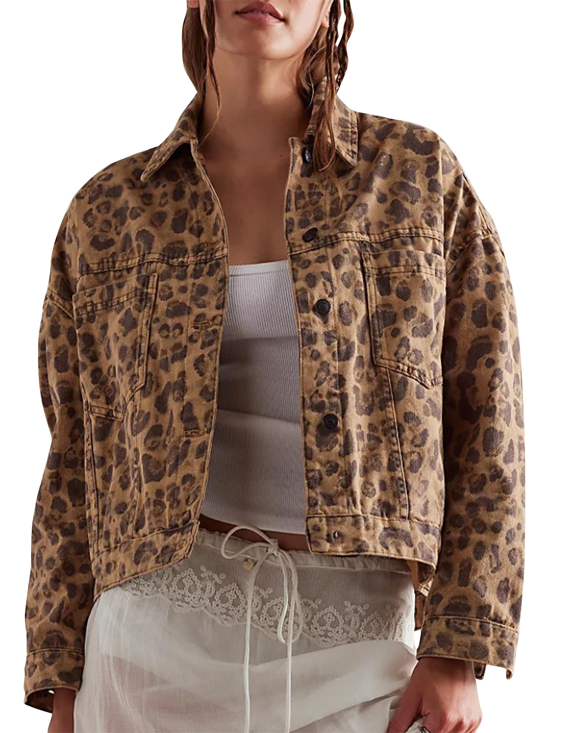 Anoumcy Women Oversized Leopard Jackets Casual Button Down Vintage Jean Jackets Leopard Print ...