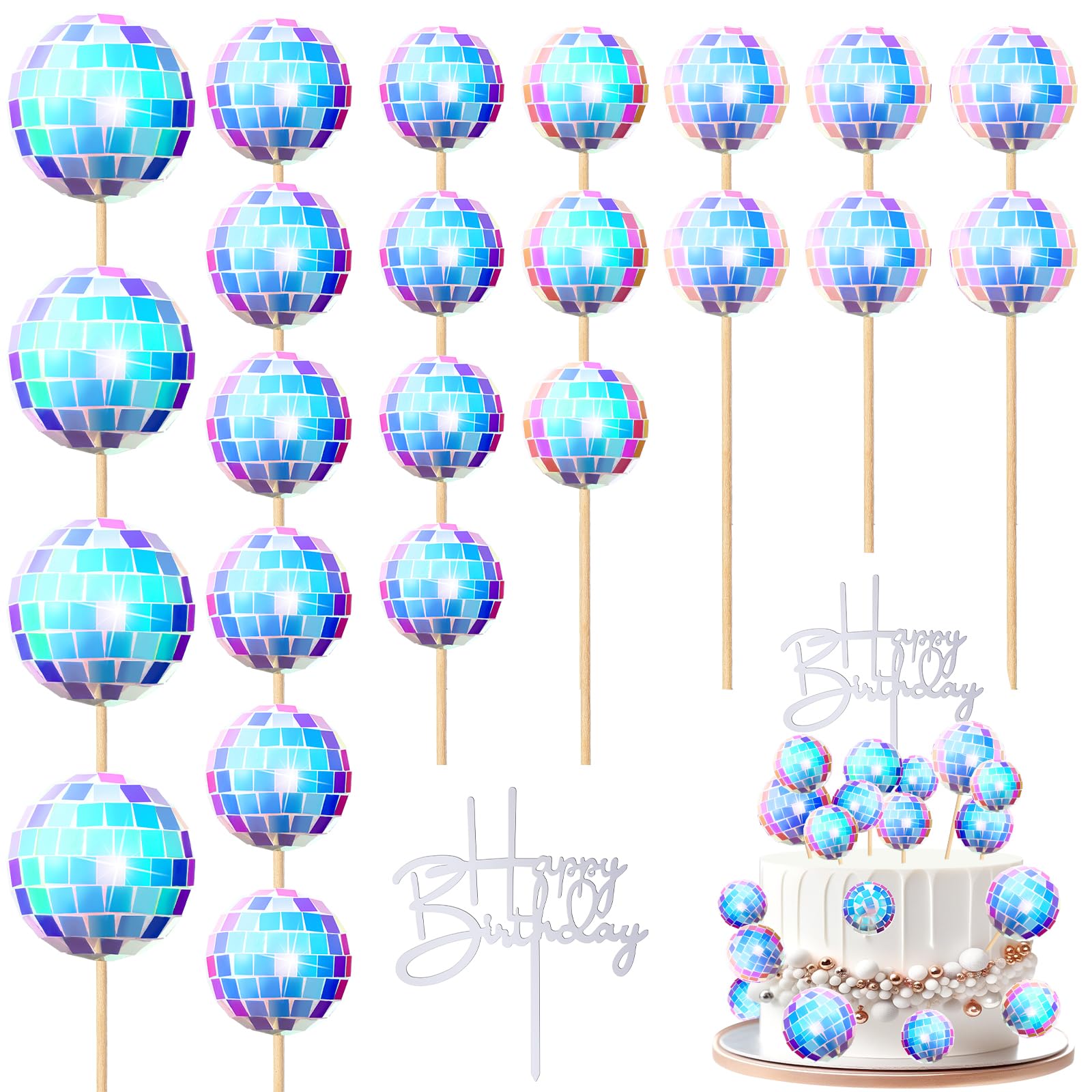 Teenyyou 24 Pcs Disco Ball Cupcake Toppers Happy Birthday Cake Topper ...