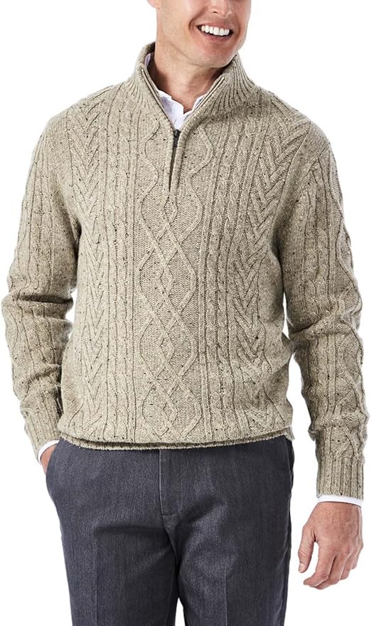 Haggar Men's Long Sleeve 1/4 Zip Mock Neck Cable Knit Sweater, Oatmeal ...