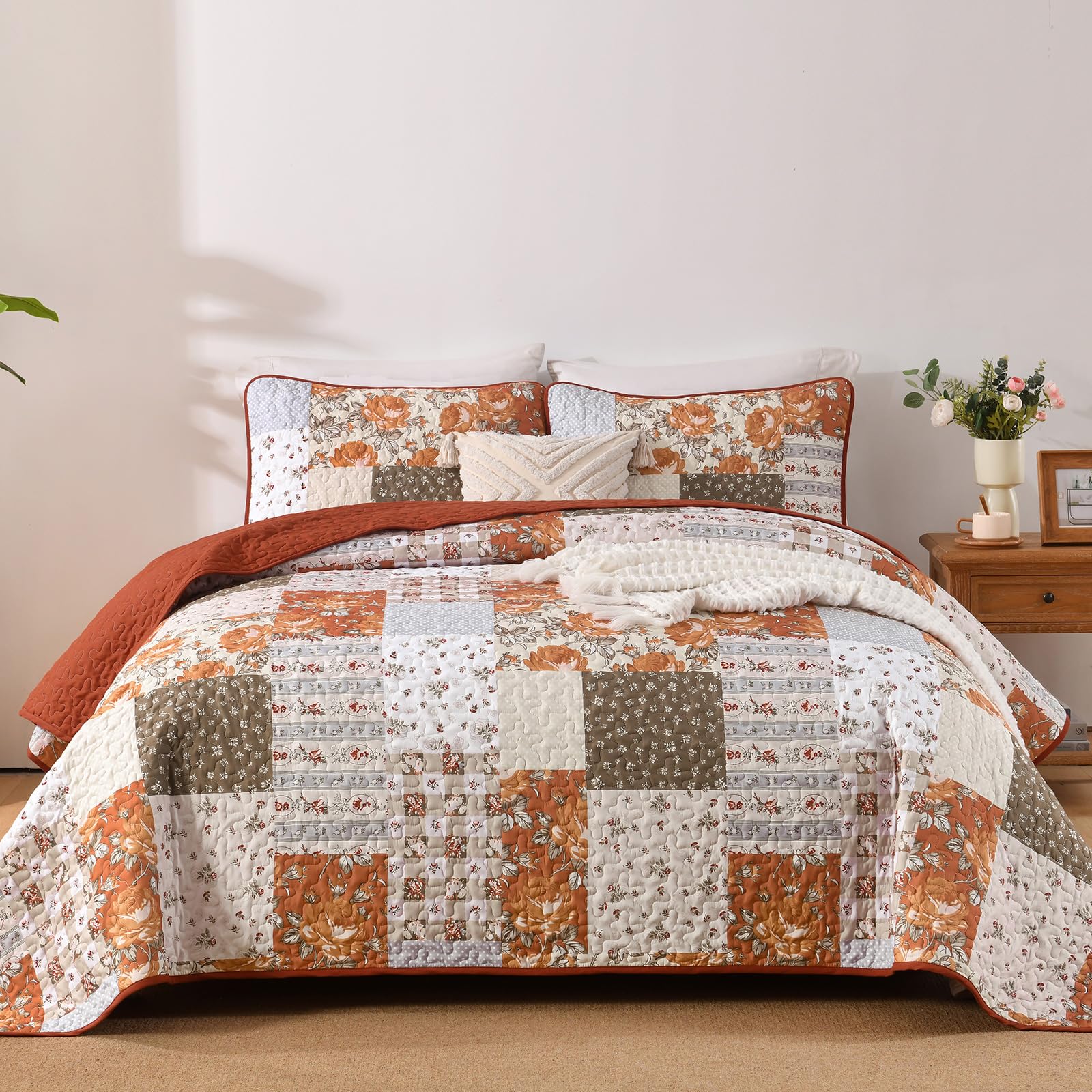 Anibedding 3Pieces Patchwork Quilts King Size, Autumn Brown Floral ...