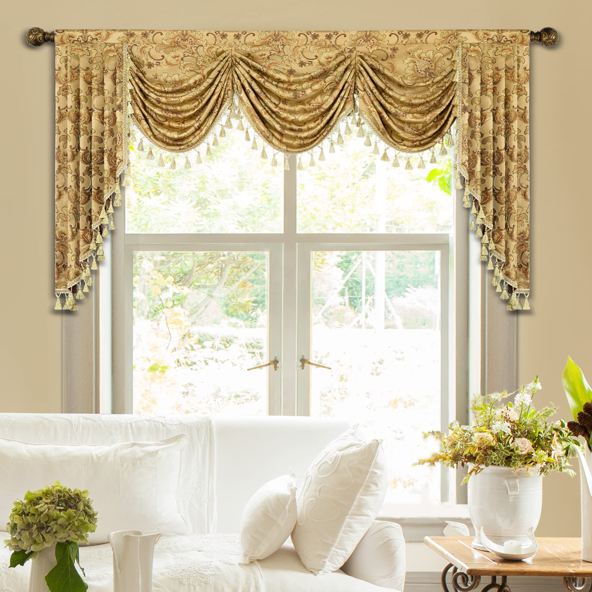 Loom and Mill Luxury Waterfall Valances for Windows, Elegant Jacquard ...