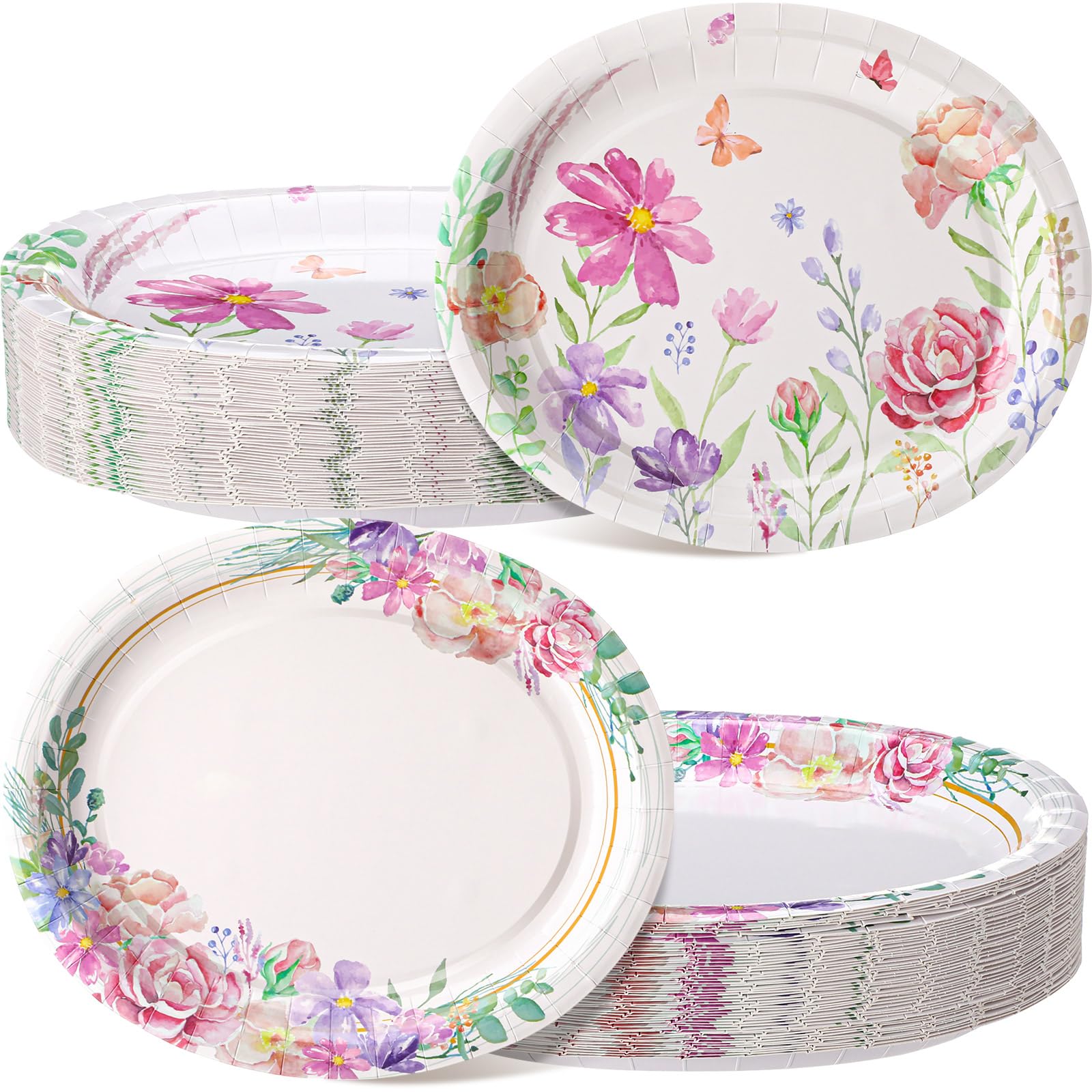 Havawish 100 Pcs Floral Oval Paper Plates, 10" x 12" Disposable Dinner ...