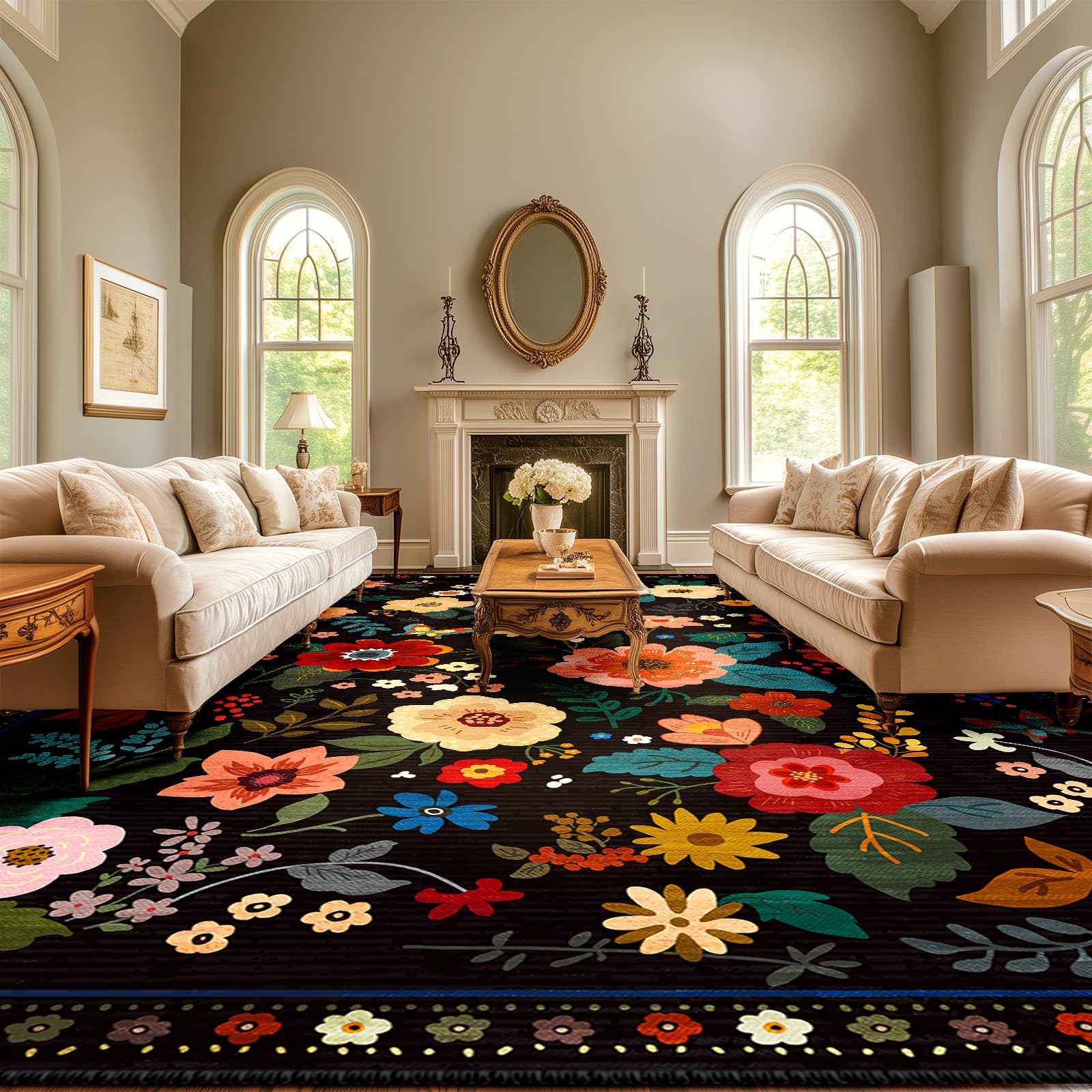 RELEANY Floral 8x10 Area Rug Machine Washable Boho Carpet Non Slip ...