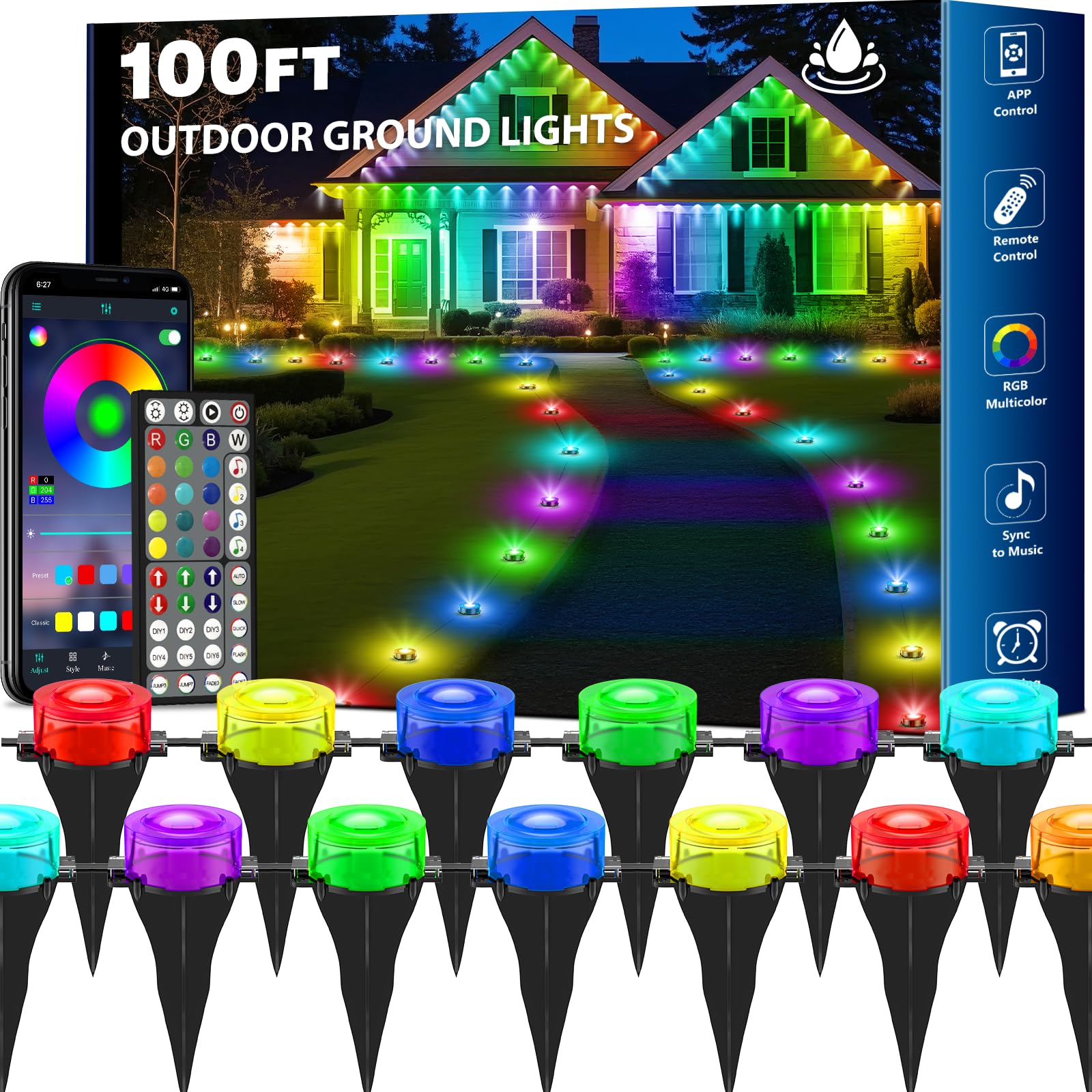 TQQVXX RGB Outdoor Ground Lights, 100Ft Color Changing Pathway Lights ...