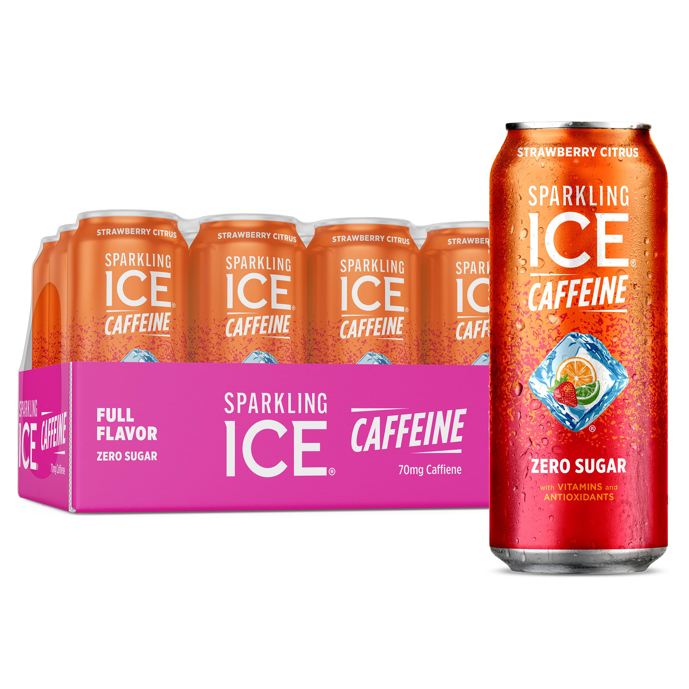 Sparkling Ice Caffeine Strawberry Citrus Sparkling Water with Caffeine, Zero Sugar, with ...