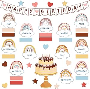 Amazon.com : 65 Pieces Boho Rainbow Birthday Bulletin Board Set Happy ...
