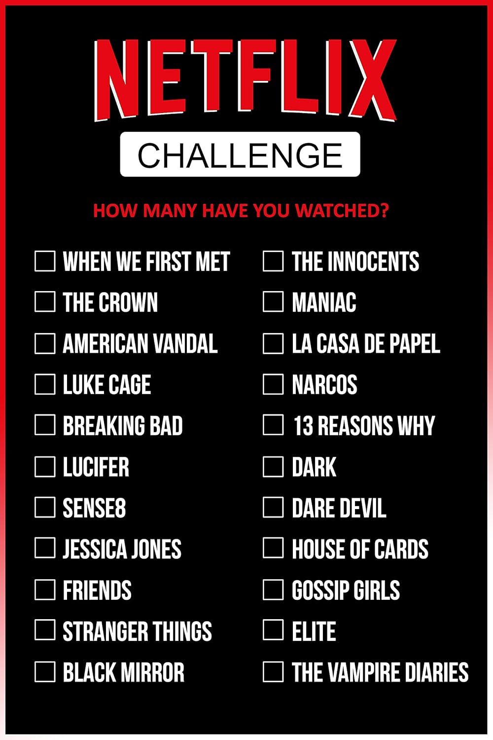Wildmark Netflix Challenge List Series 2020 Wall Poster for Room ...