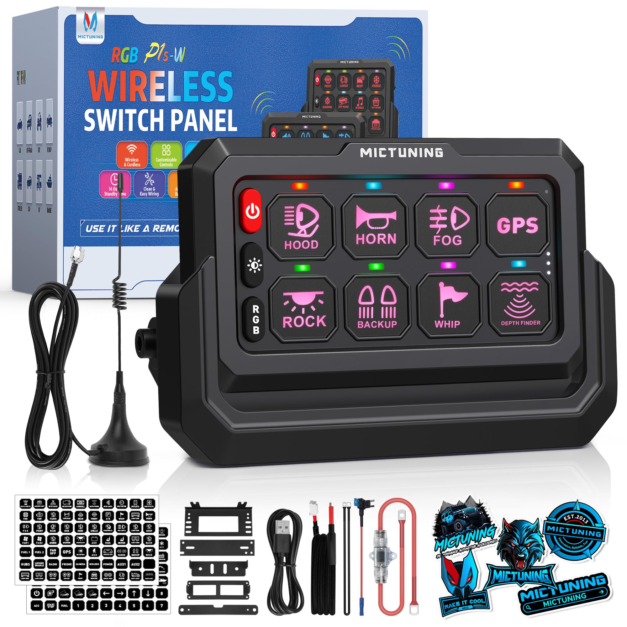 MICTUNING P1s-W 8 Gang RGB Wireless Switch Panel, 328FT 433MHz Remote ...