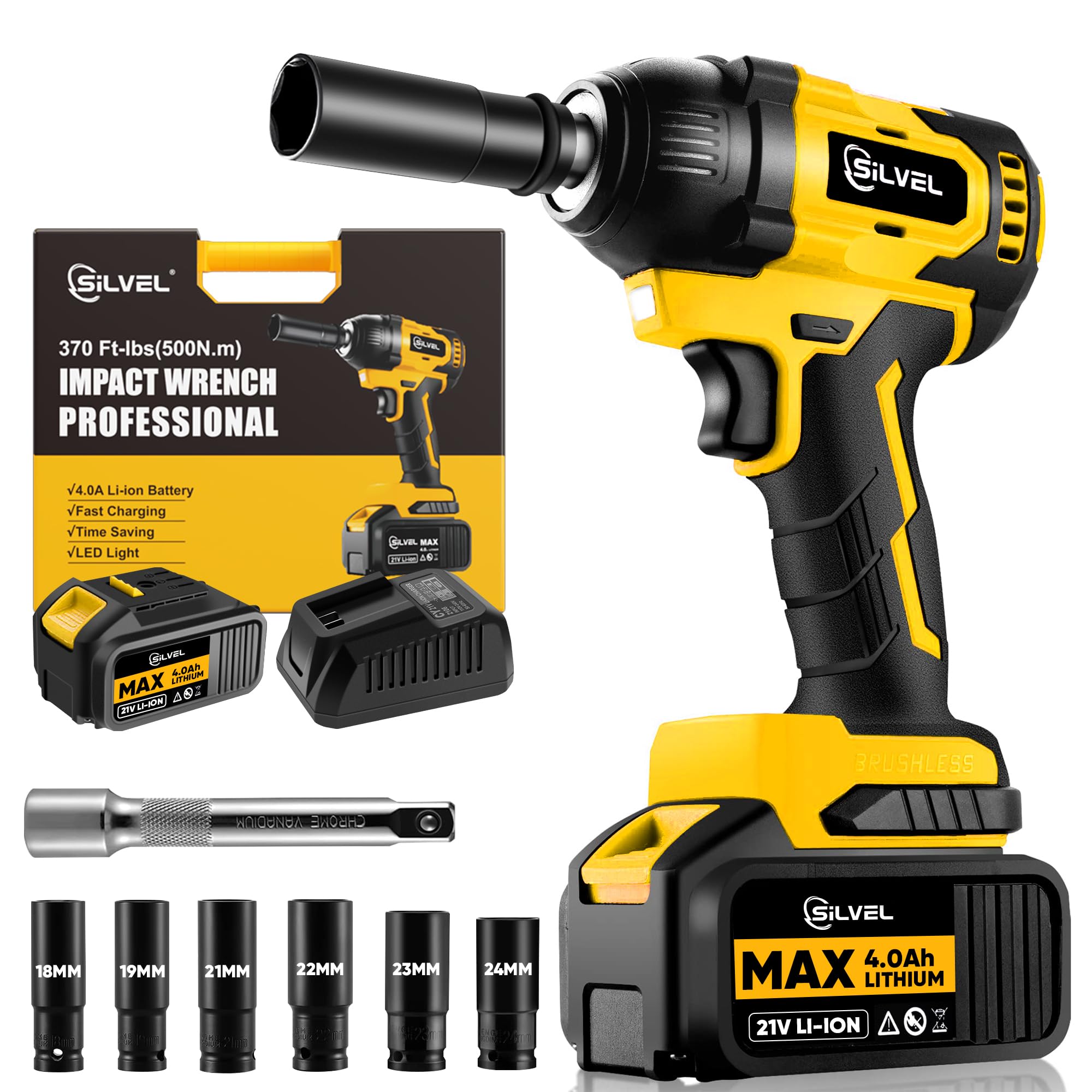 SILVEL Cordless Impact Wrench, MAX 500N.M Brushless Impact Gun 1/2 inch ...