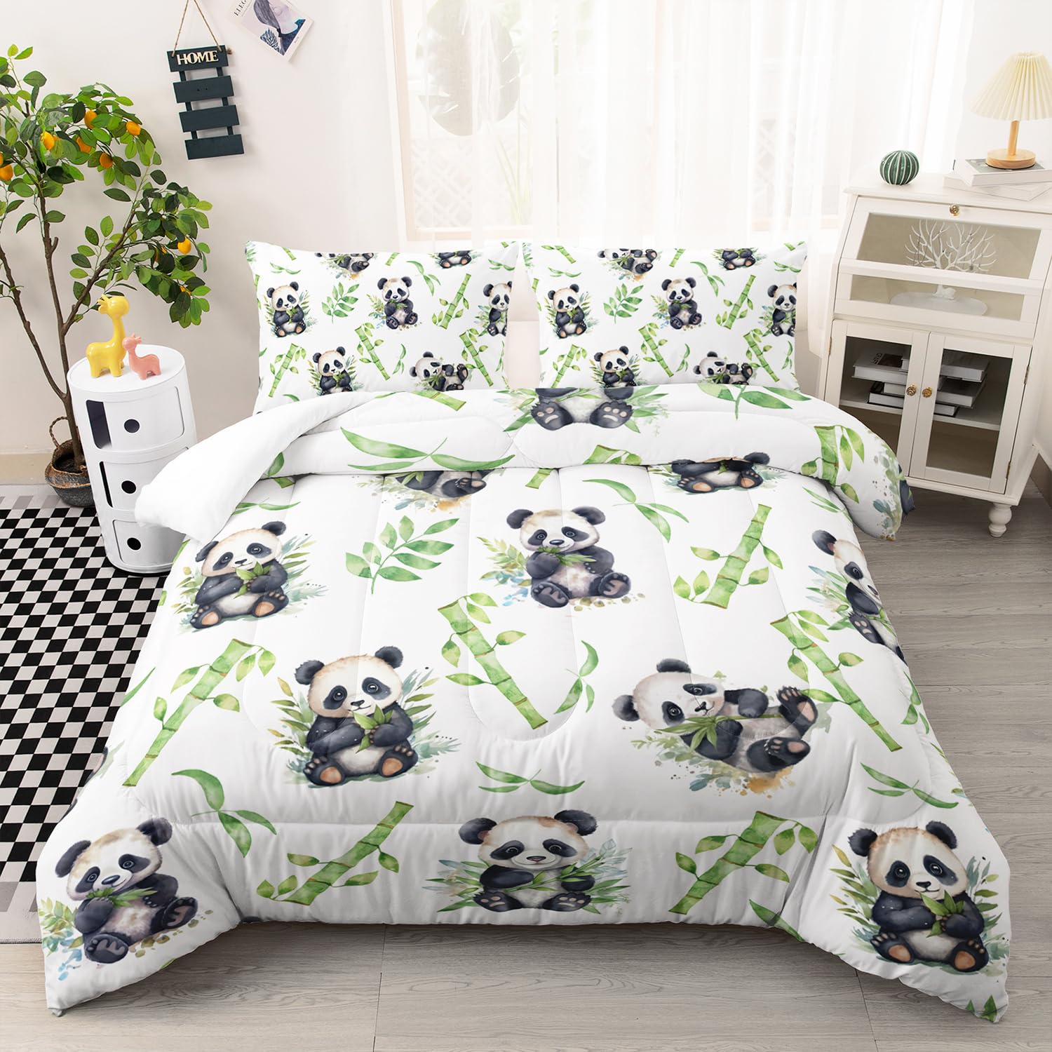 AILONEN Panda Kids Comforter Set Twin Size, Kawaii Cute Cartoon Panda ...