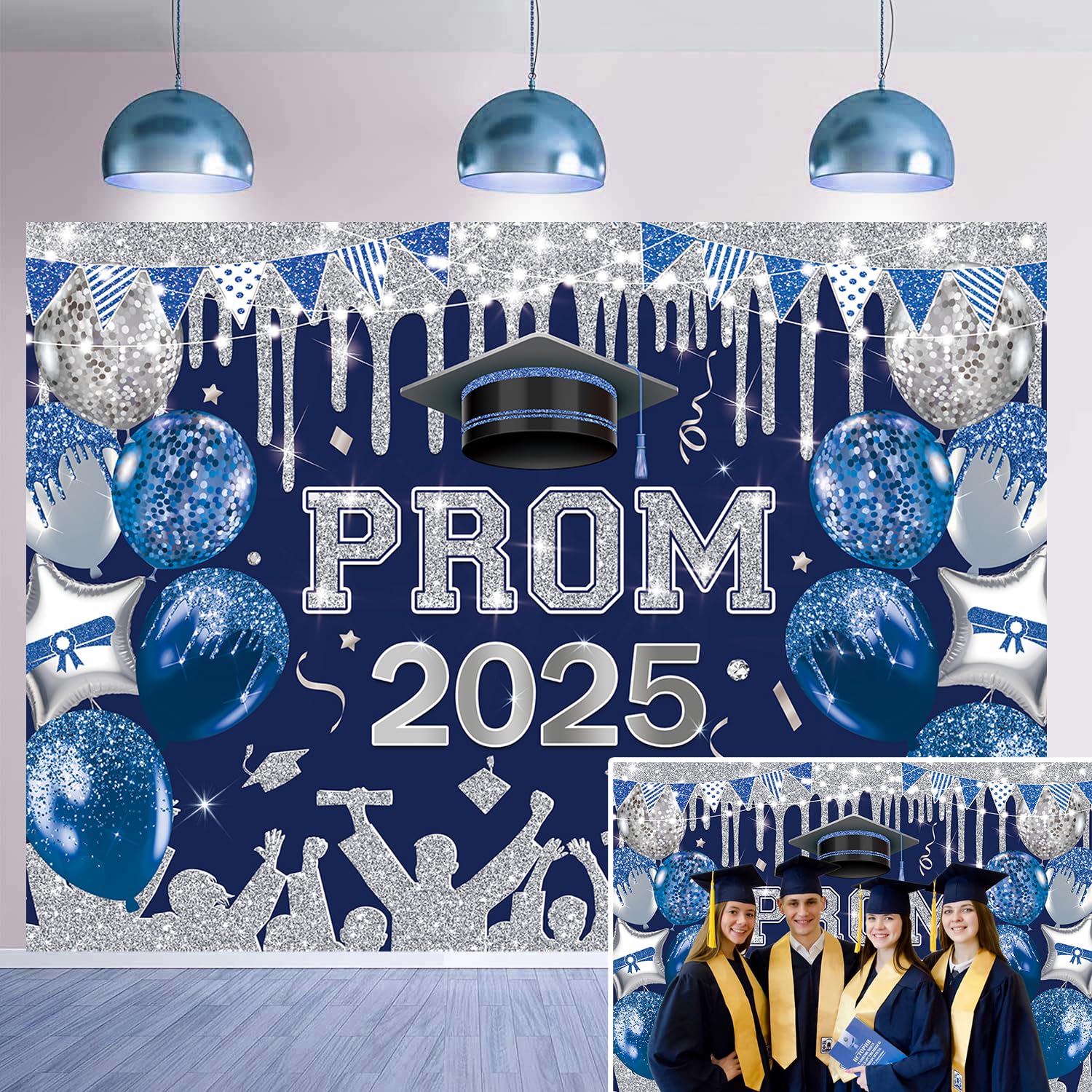 Blue Sliver 2025 Graduation Party Backdrop Royal Blue Glitter 2025 Prom ...