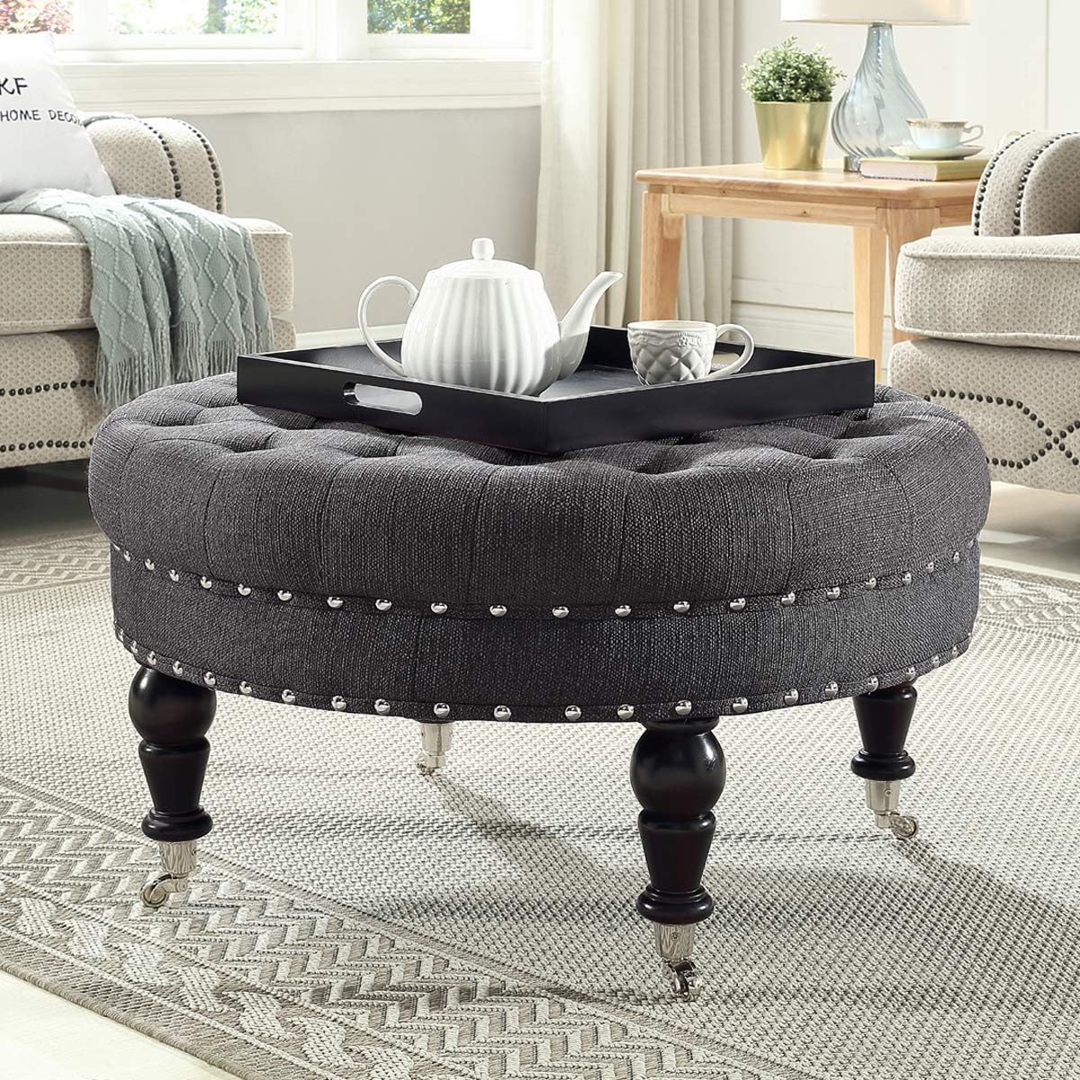 Large Upholstered Ottoman Coffee Table - Large Assortment Beige Round ...